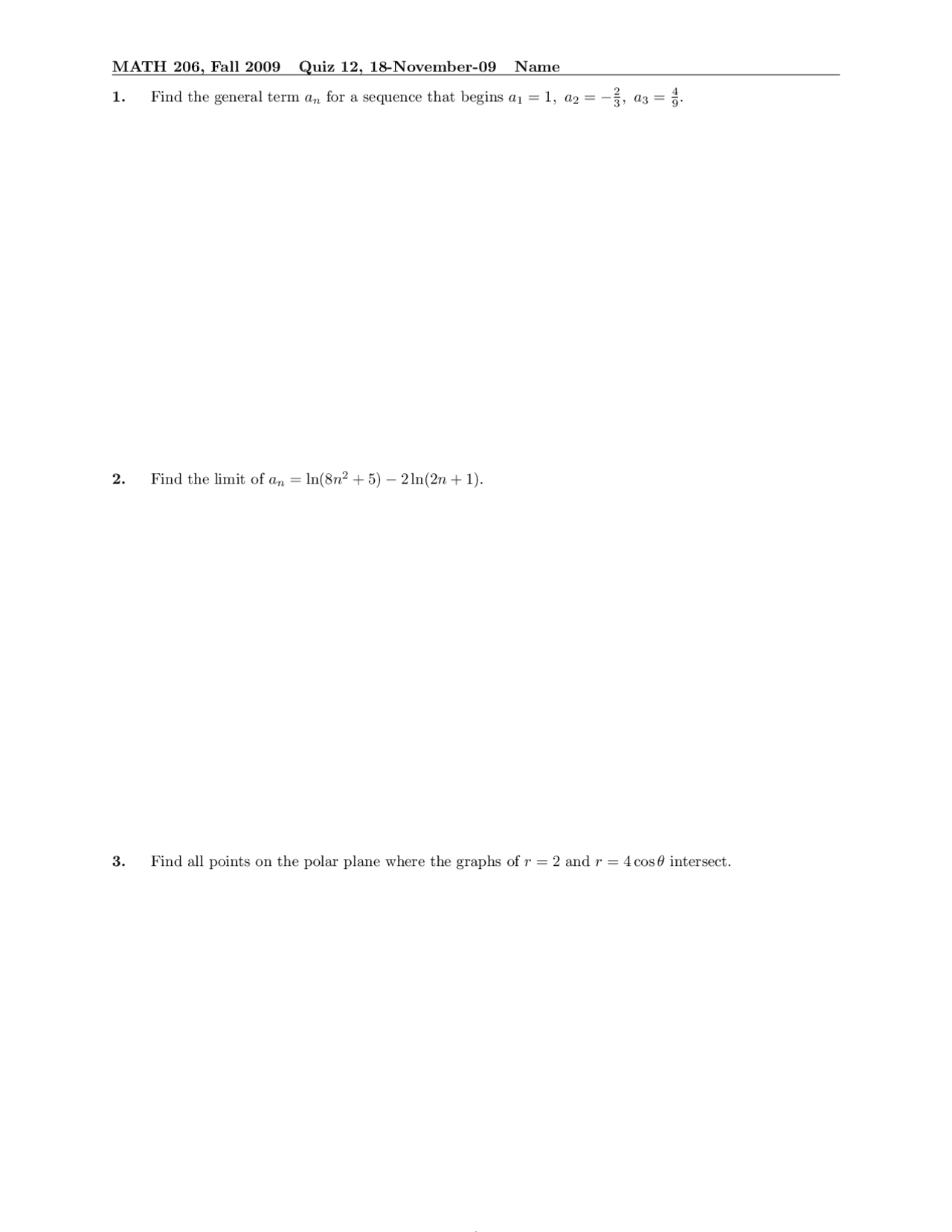 Practice Quiz 12 - Calculus II | MATH 206 - Docsity