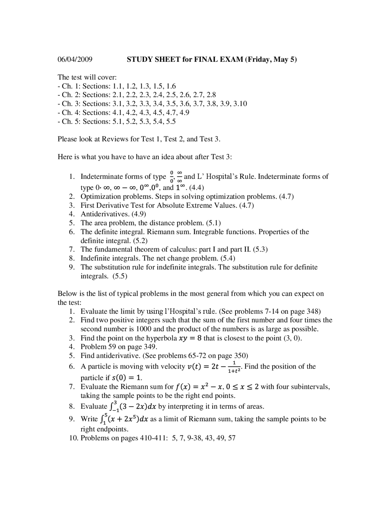 Study Sheet for Final Exam - Calculus / Analytical Geometry I | MTH 229 ...
