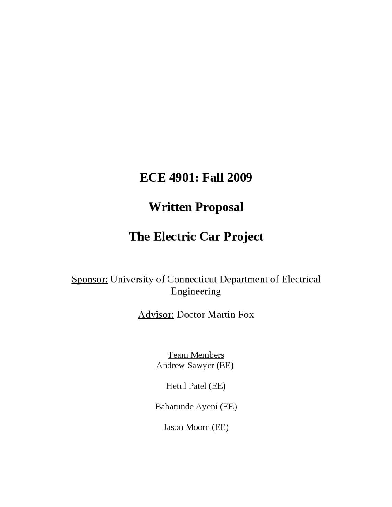 The Electric Car Project - Written Proposal | ECE 4901 - Docsity