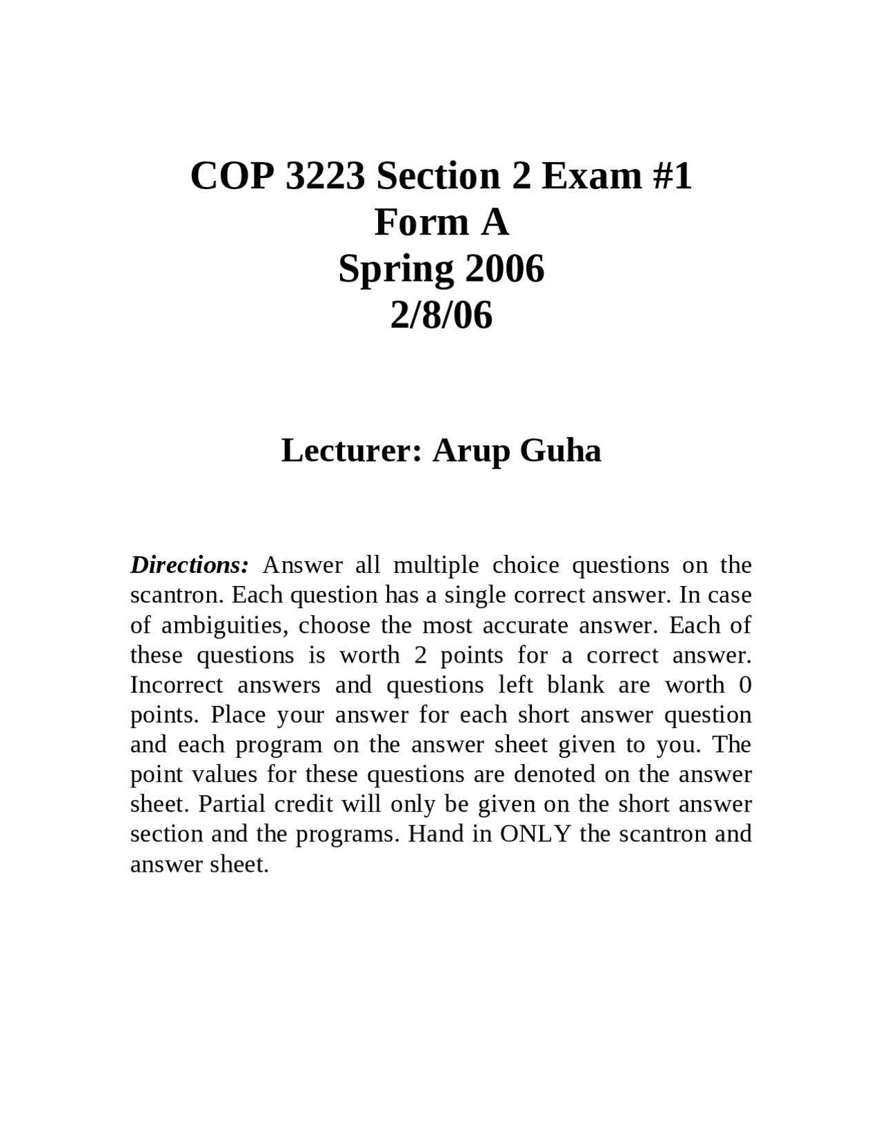 Questions on Arup Guha - Examination 1 | COP 3223 - Docsity