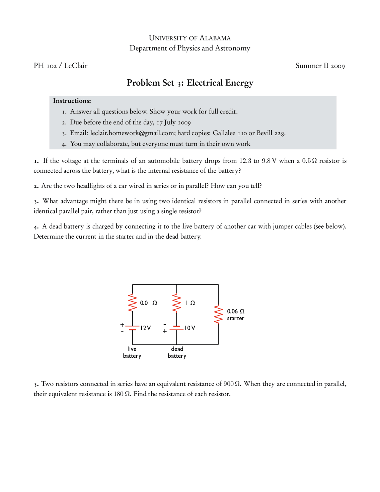 Problem Set 3 Practice Problems on Electrical Energy | PH 102 - Docsity