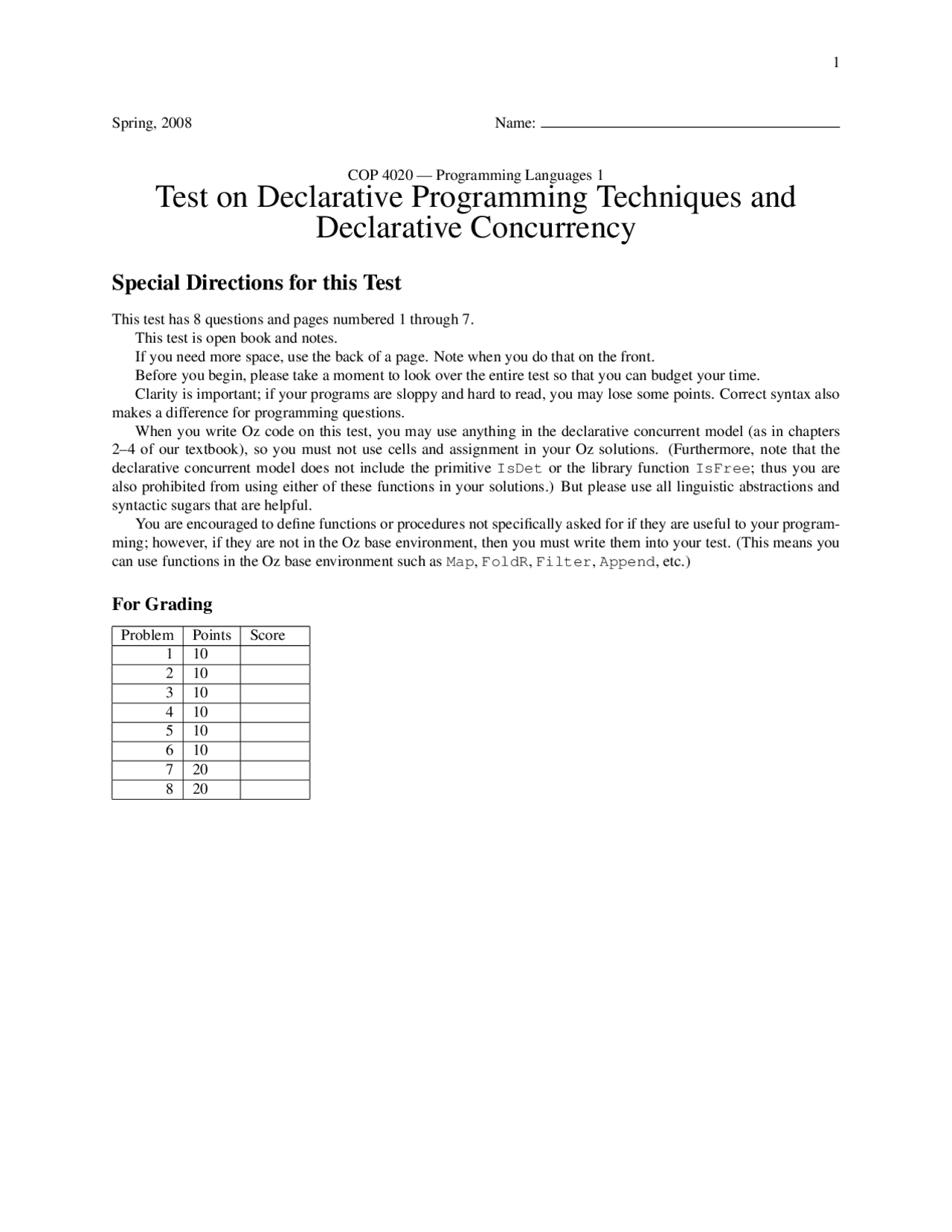 Test On Declarative Programming Techniques And Declarative Concurrency Cop 4020 Docsity