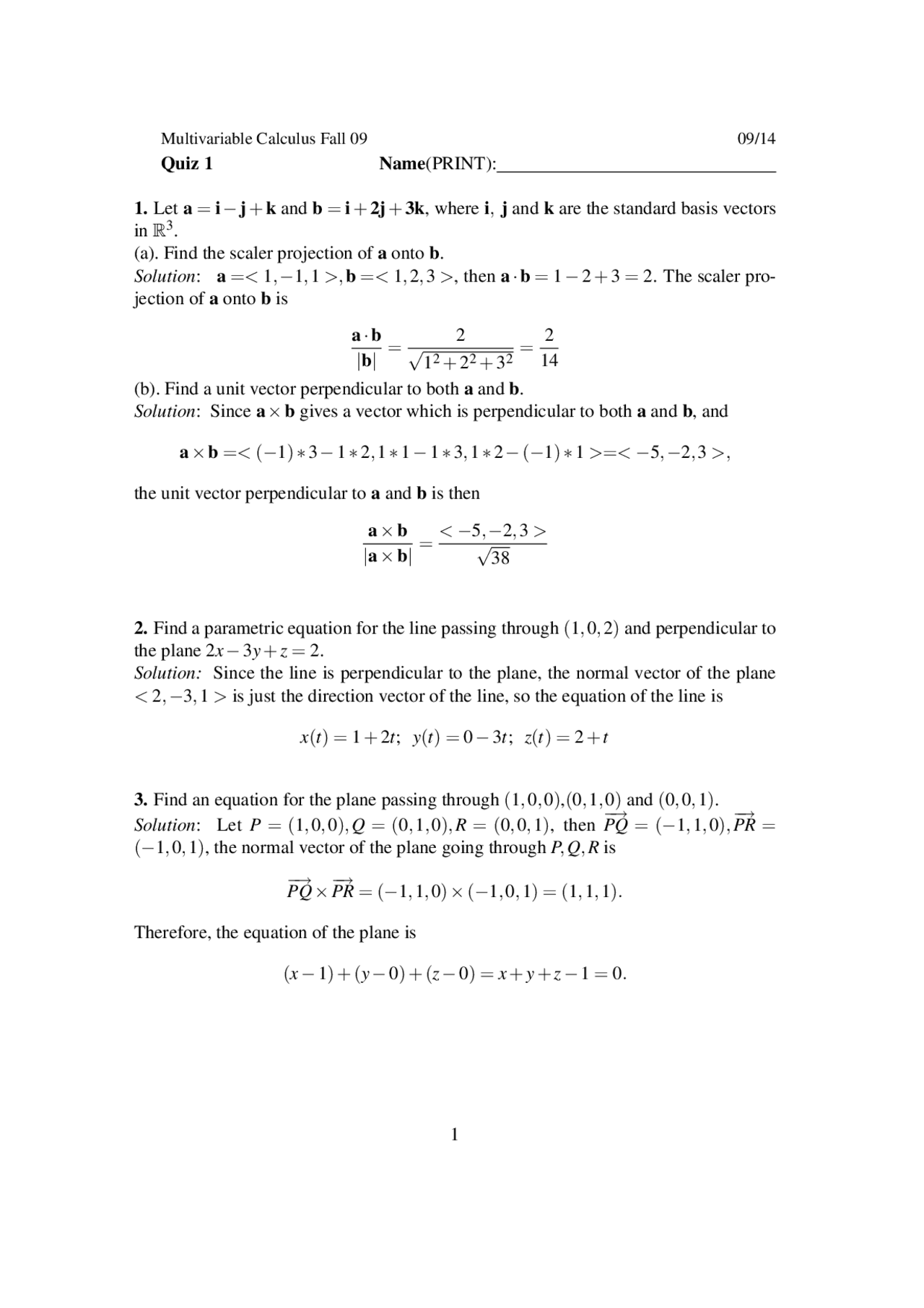 Multivariable Calculus Quiz 1 Fall 09: Projections, Perpendicular Vectors, and Planes | Quizzes ...