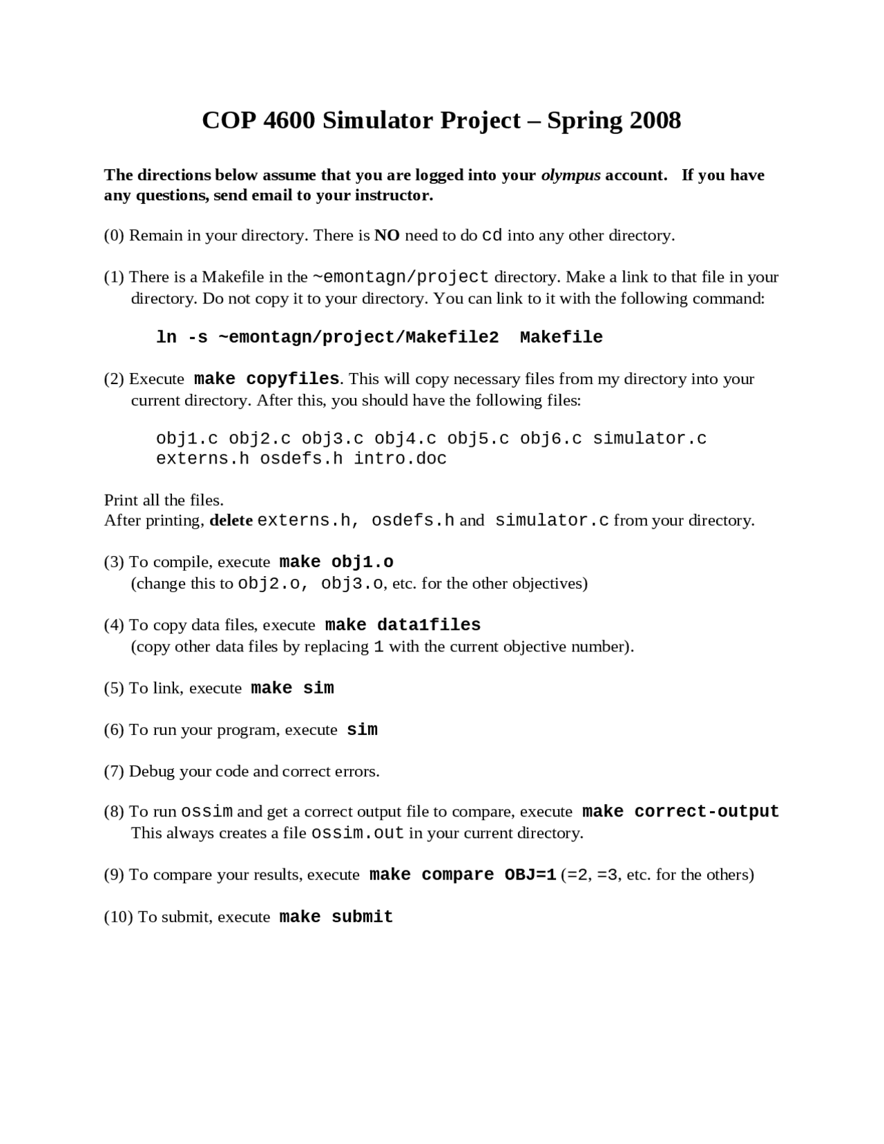 Simulator Project - Operating Systems - Spring 2008 | COP 4600 - Docsity