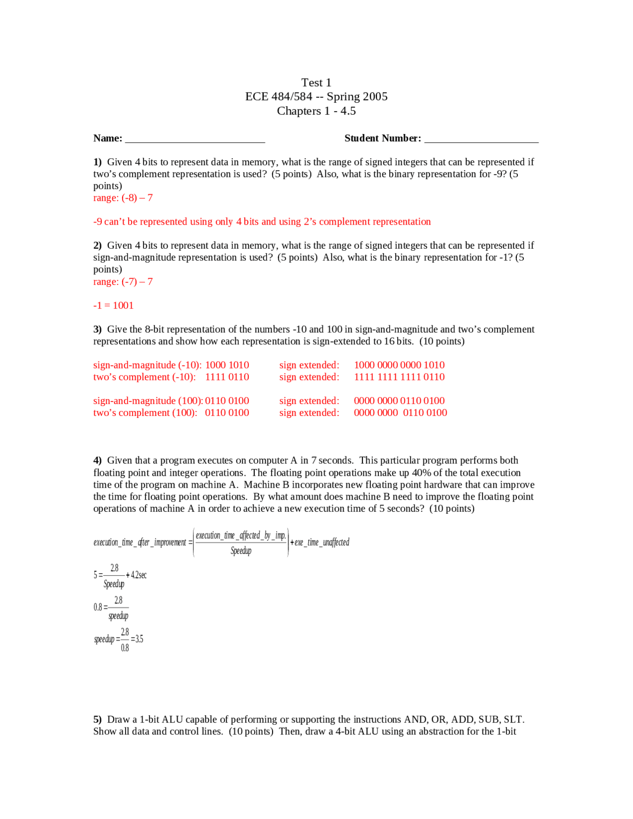 Test 1 Spring 2005 Computer Architecture Ece 484 Docsity