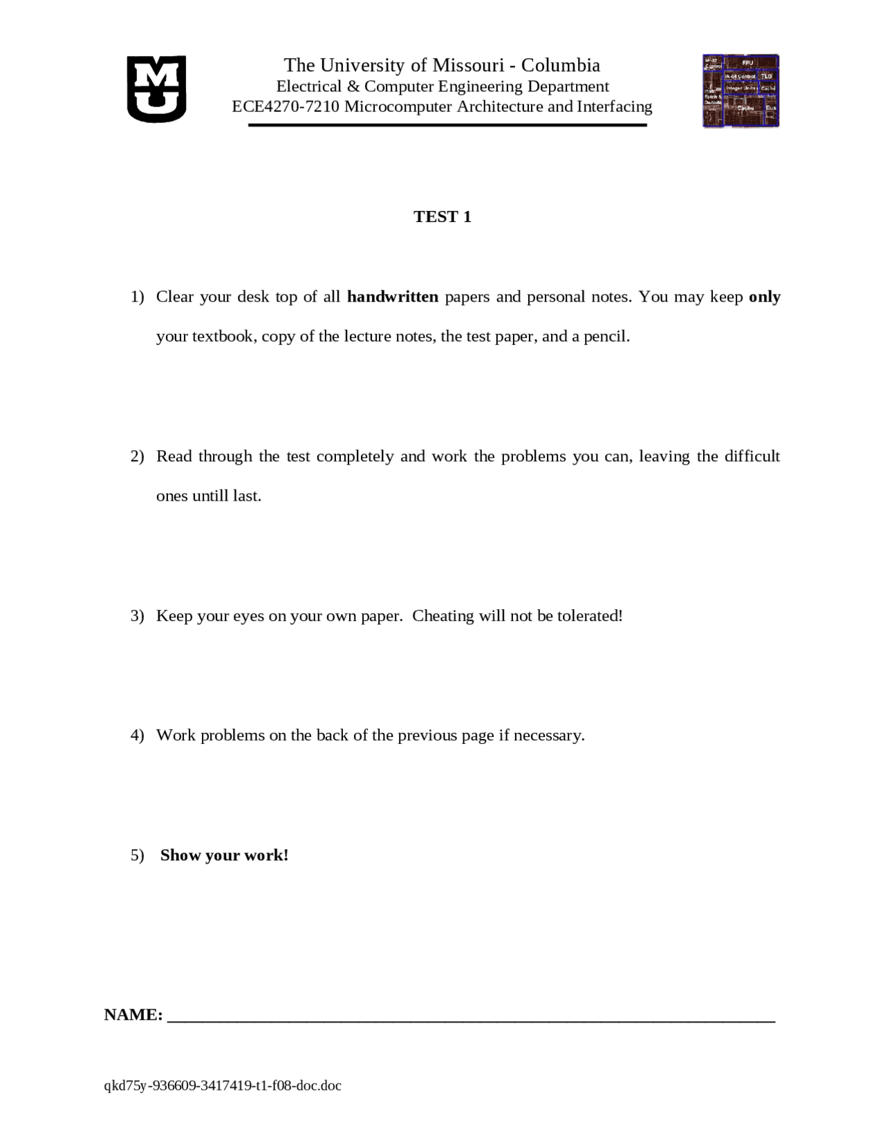 Test 1 Questions With Cheat Sheet Computer Organization Ece 4270