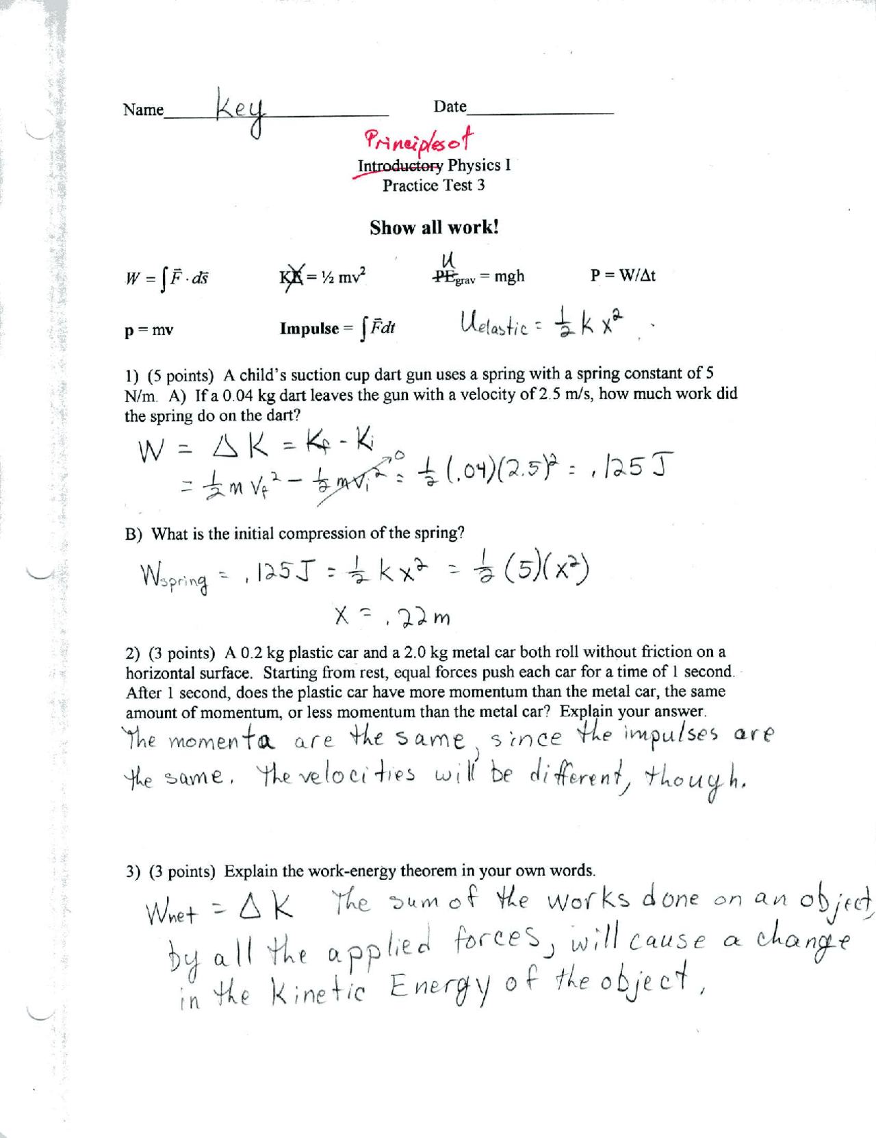 Practice Test 3 With Answer Key Principles Of Physics I Phys 2211