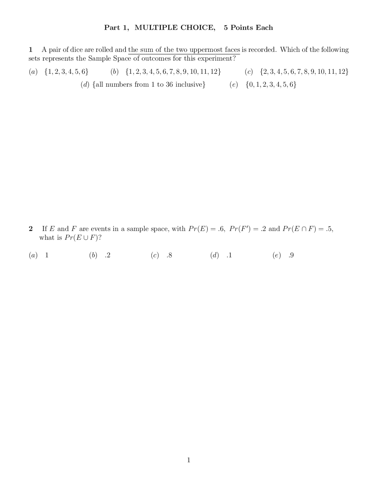Exam 2 Multiple Choice Questions Finite Mathematics Math 10120