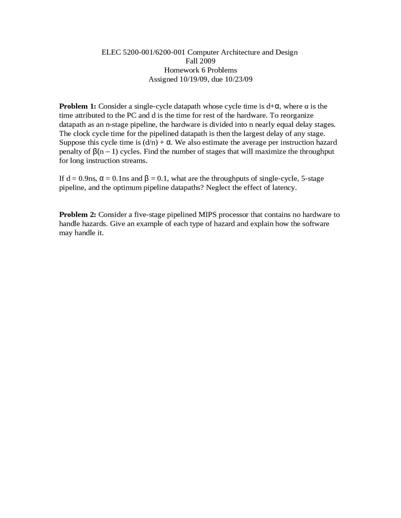 Homework Six Problems Computer Architecture And Design Elec 5200 Docsity