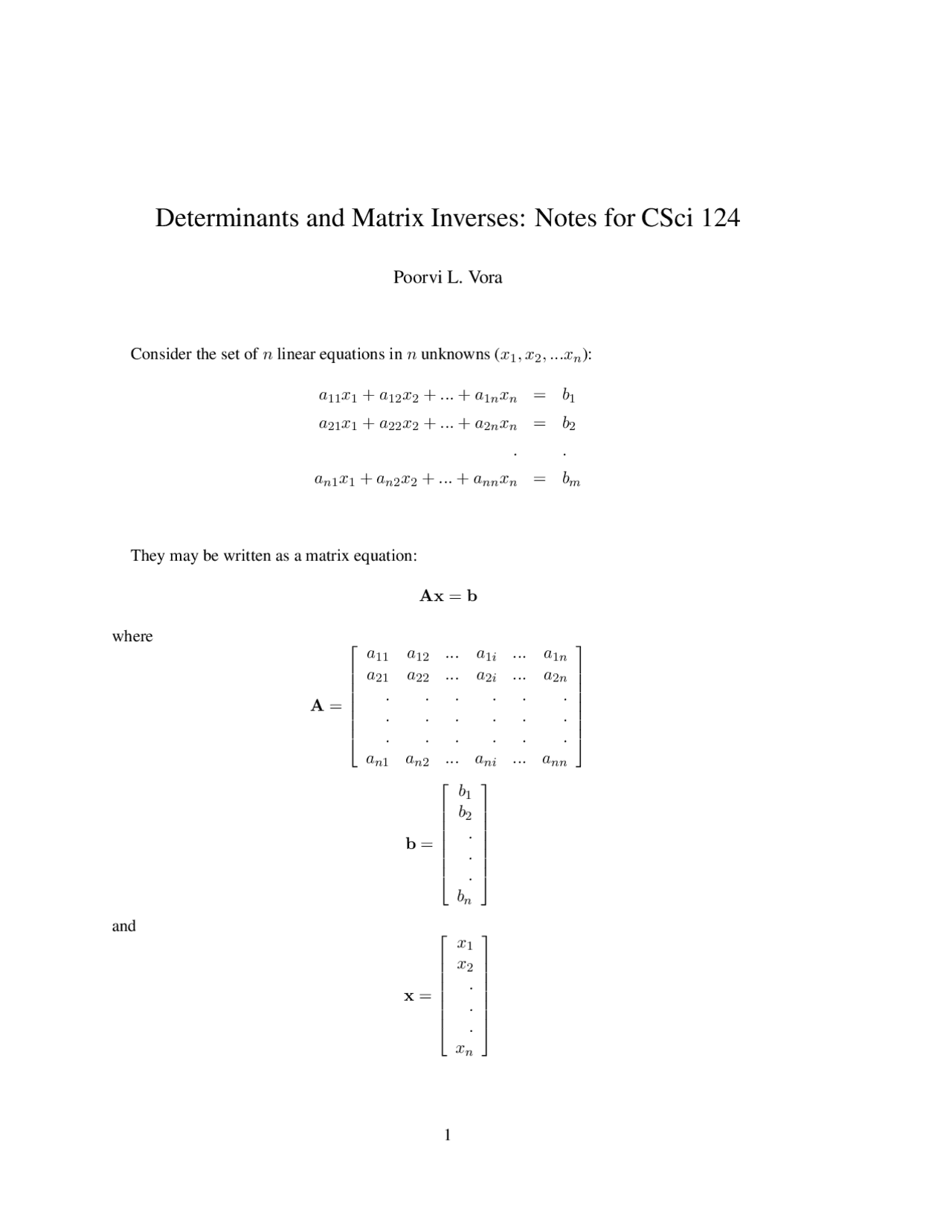 Determinants and Matrix Inverses: Notes | CSCI 124 - Docsity