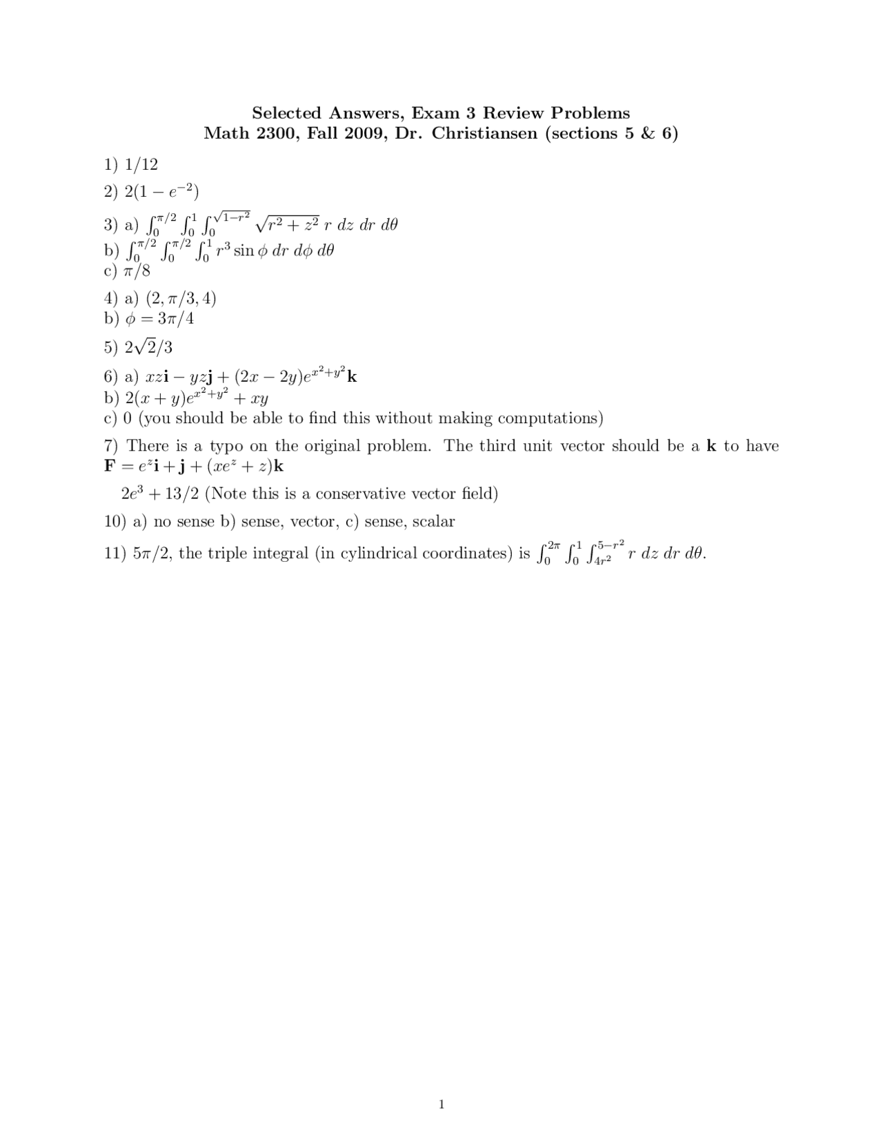Exam 3 Review Problems for Calculus III | MATH 2300 | Exams Advanced ...