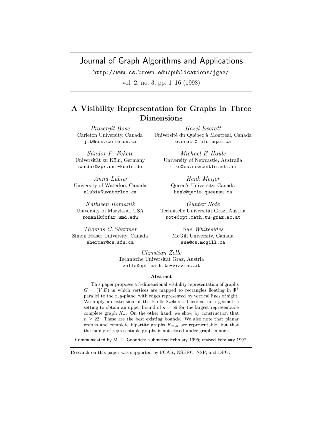 A Visibility Representation for Graphs in Three Dimensions | MATH XLIST ...