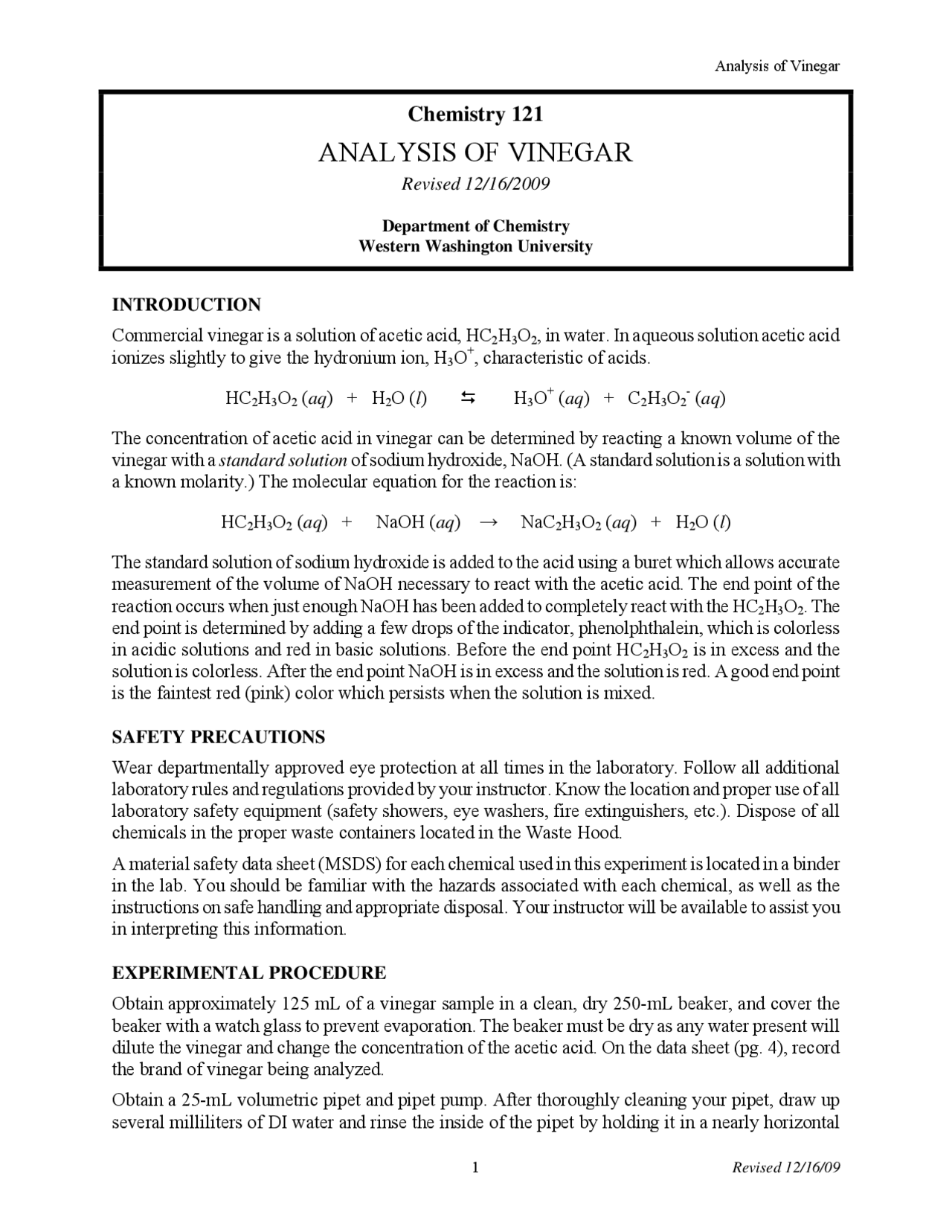 Analysis of Vinegar - Laboratory Experiment | CHEM 121 - Docsity