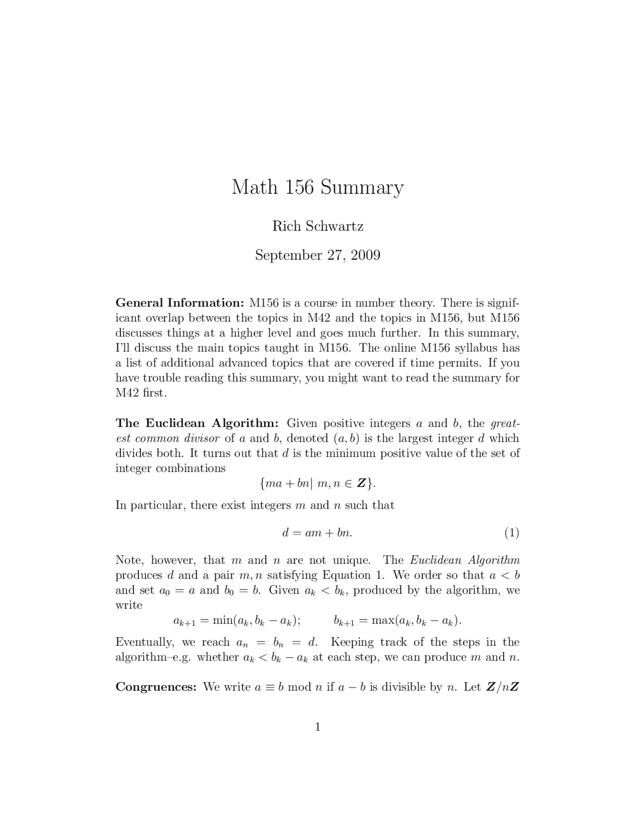 The Euclidean Algorithm - Number Theory | MATH 1560 - Docsity