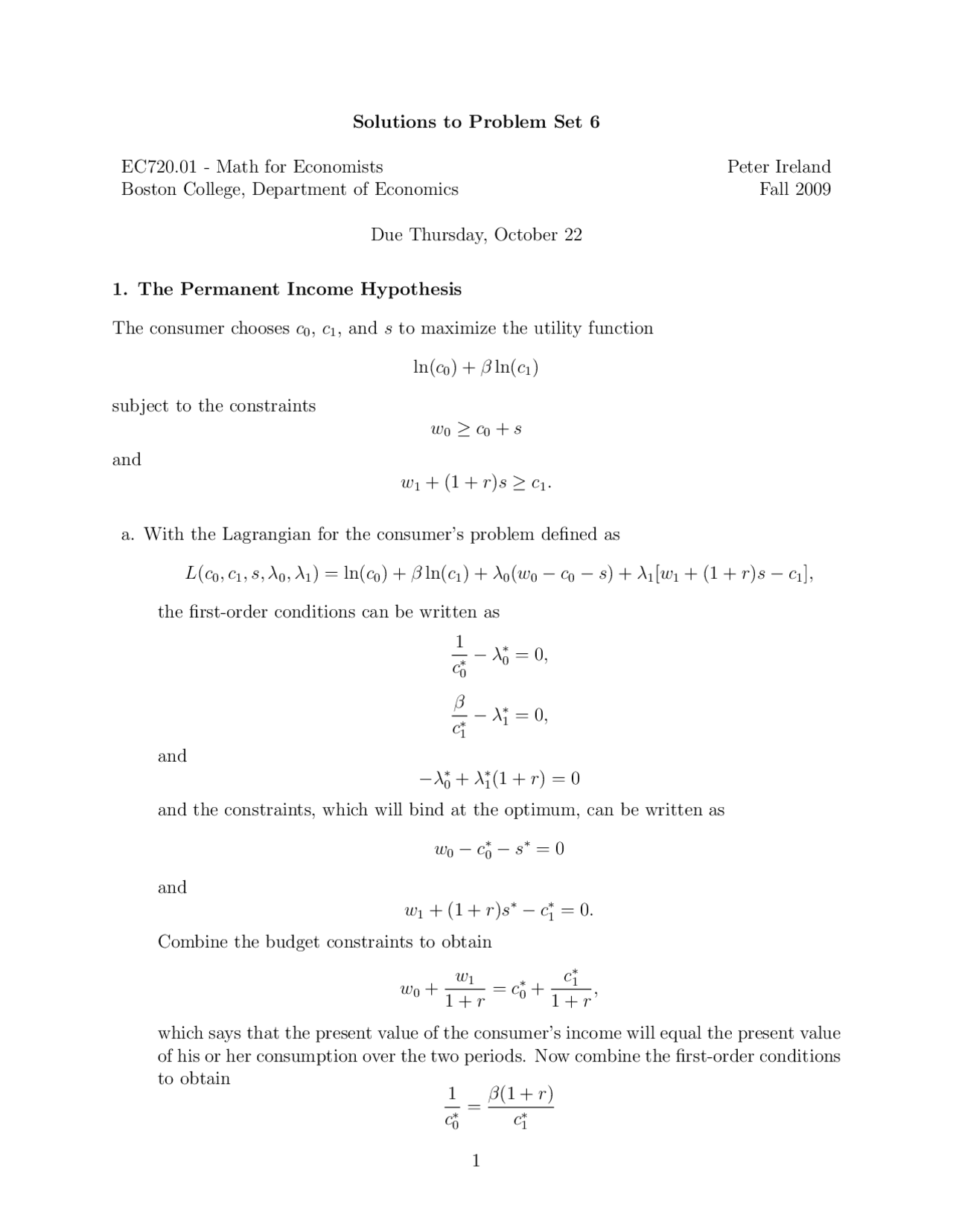 Mathematics For Economists Solutions To Problem Set 6 Ec 720 Docsity