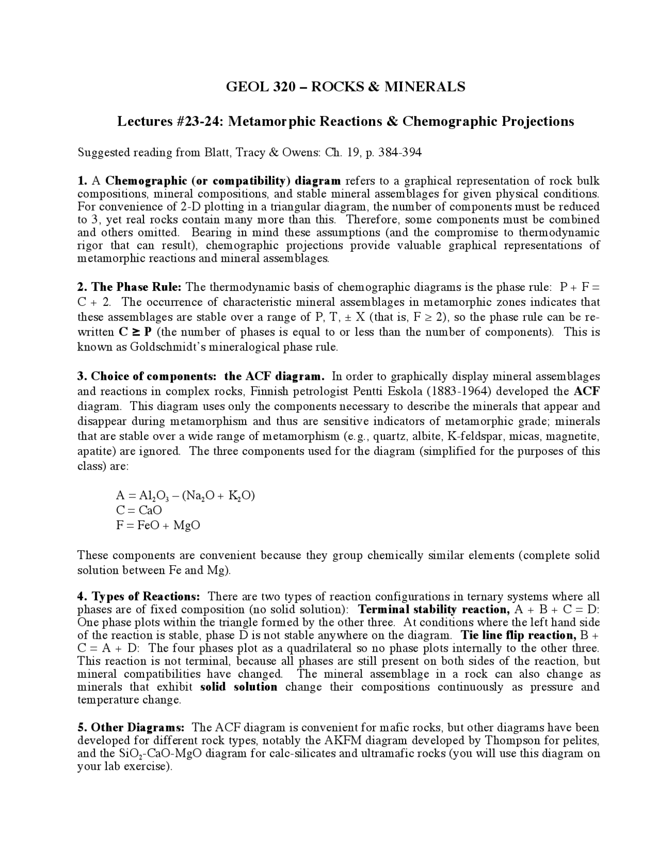 Metamorphic Reactions and Chemographic Projections | GEOL 320 - Docsity