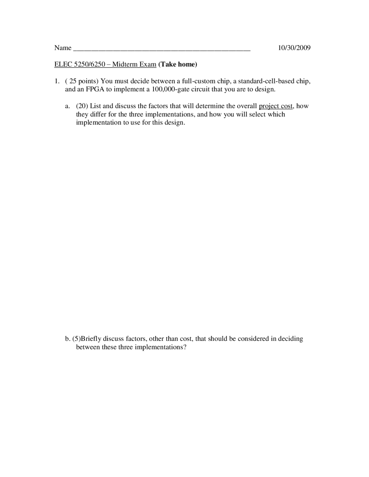 Midterm Exam Computer Aided Design Of Digital Circuits Elec 5250 Docsity