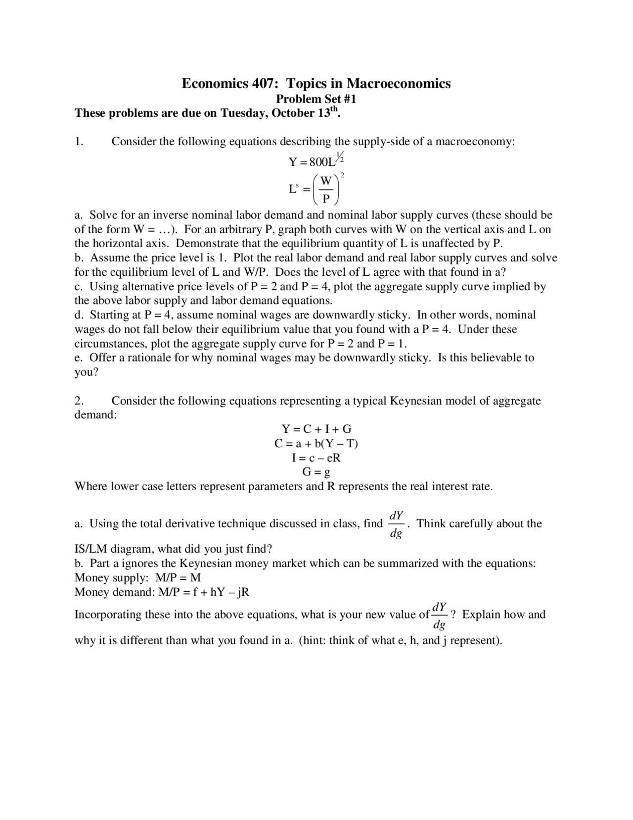 Problem Set 1 For Introduction To Macroeconomics Econ 407 Docsity
