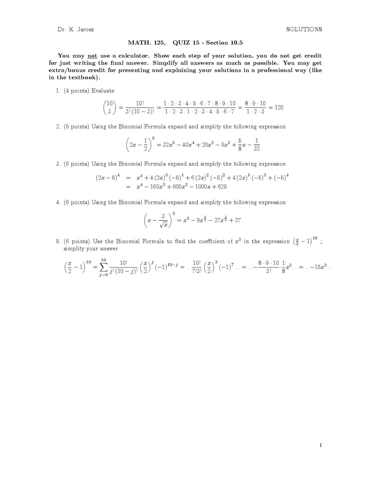 5 Solved Problems on Binomial Expressions - Quiz 15 | MATH 125 - Docsity