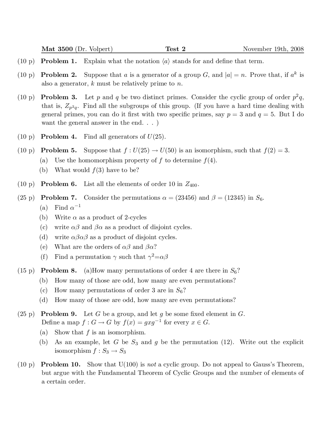 10 Problems Test 1 Modern Algebra I Mat 3500 Docsity