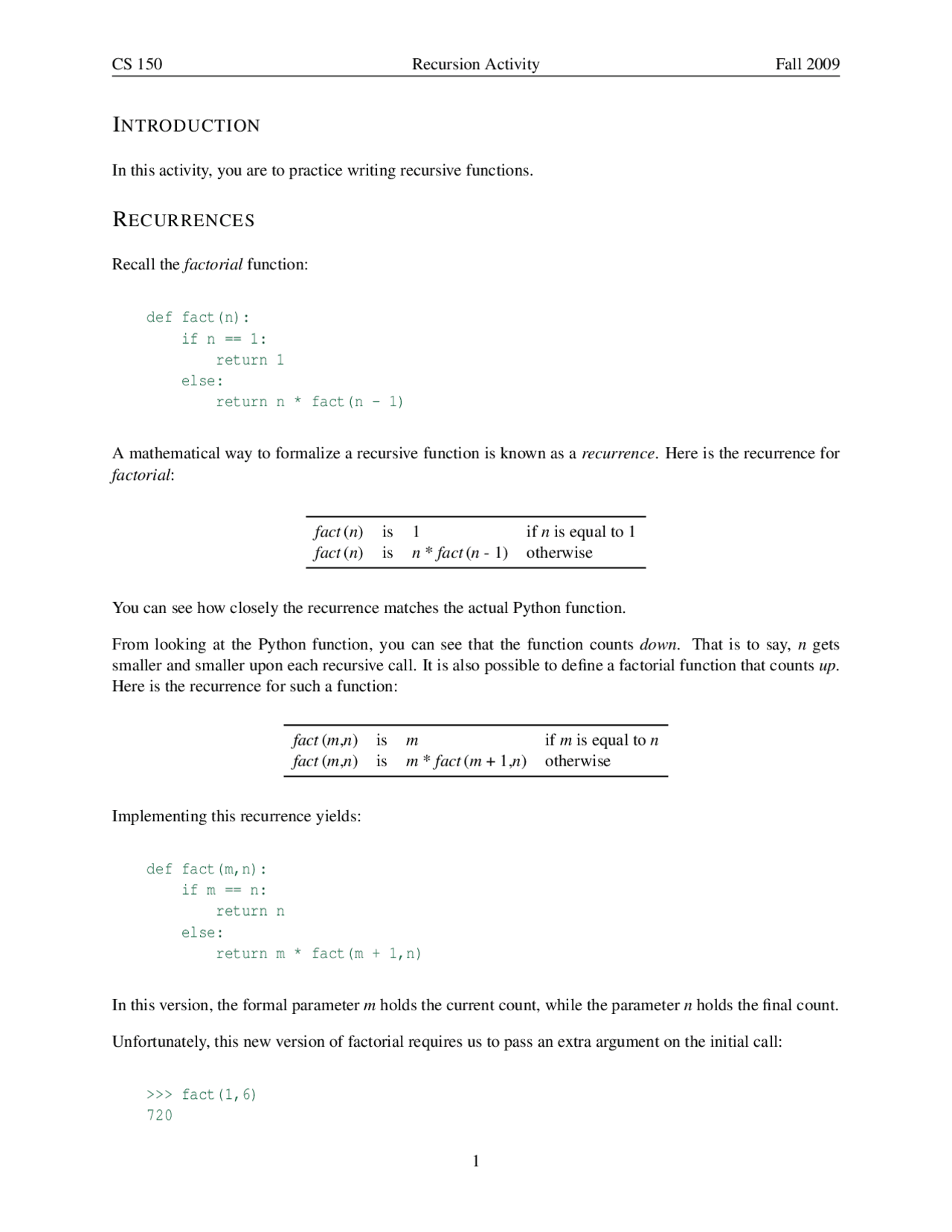 Recursion Activity Programming I Notes Cs 150 Docsity
