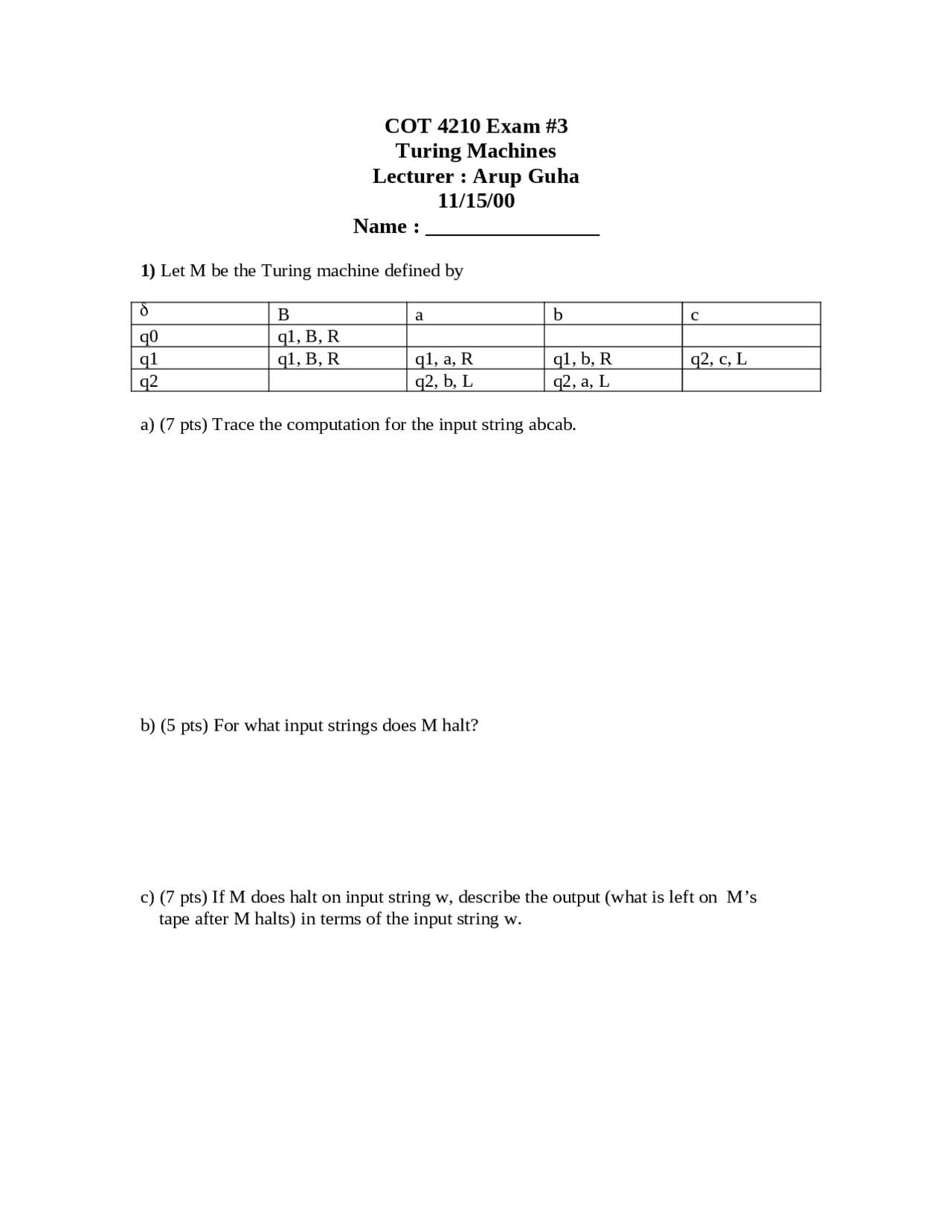 5 Questions in Turing Machines - Exam 3 | COT 4210 - Docsity