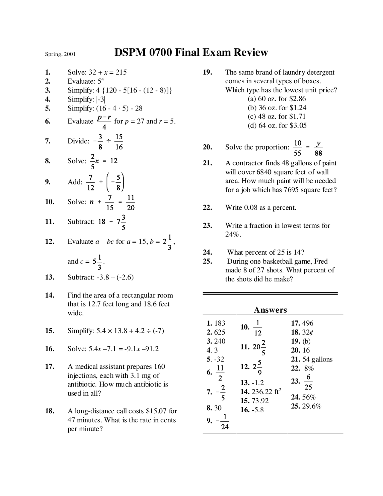 25 Problems With Answers On Basic Mathematics Final Exam Review
