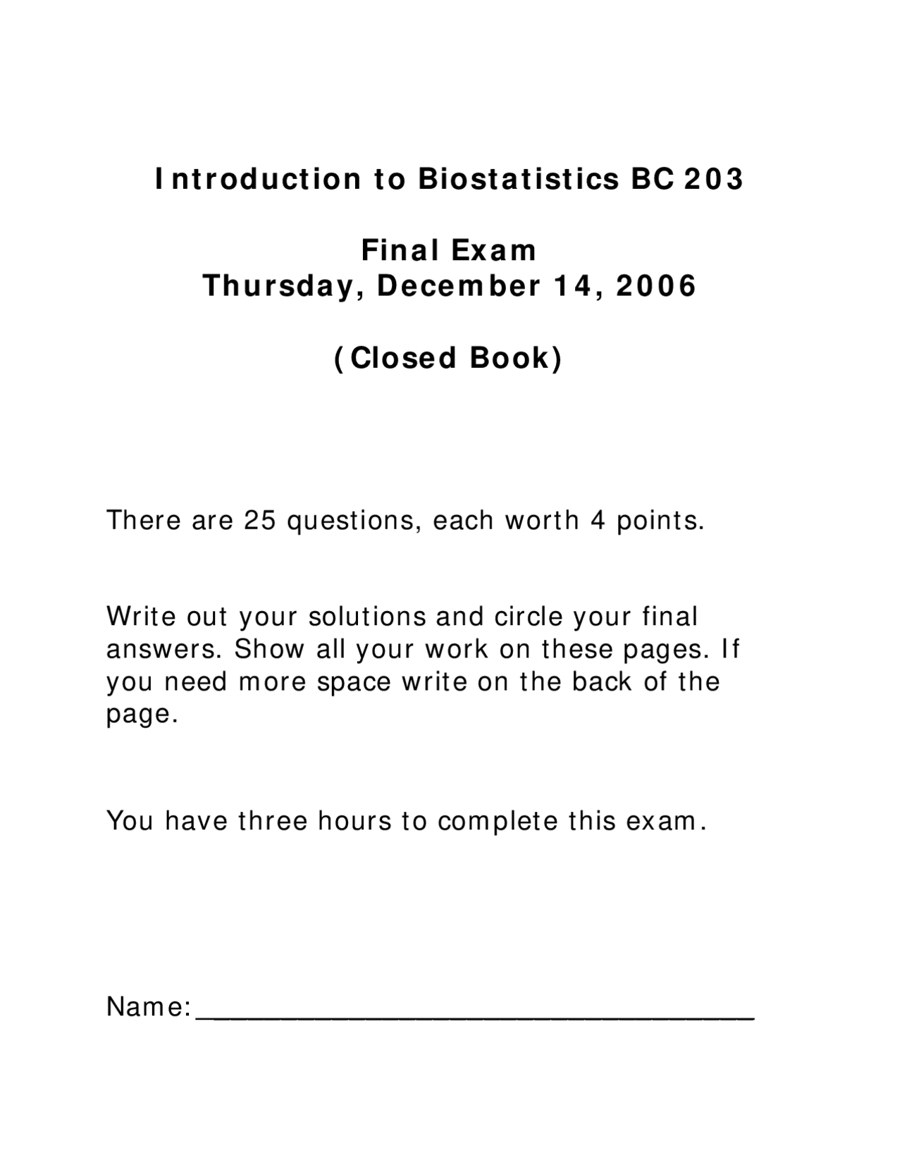 25 Questions On Introduction To Biostatistics Final Exam Php 2500
