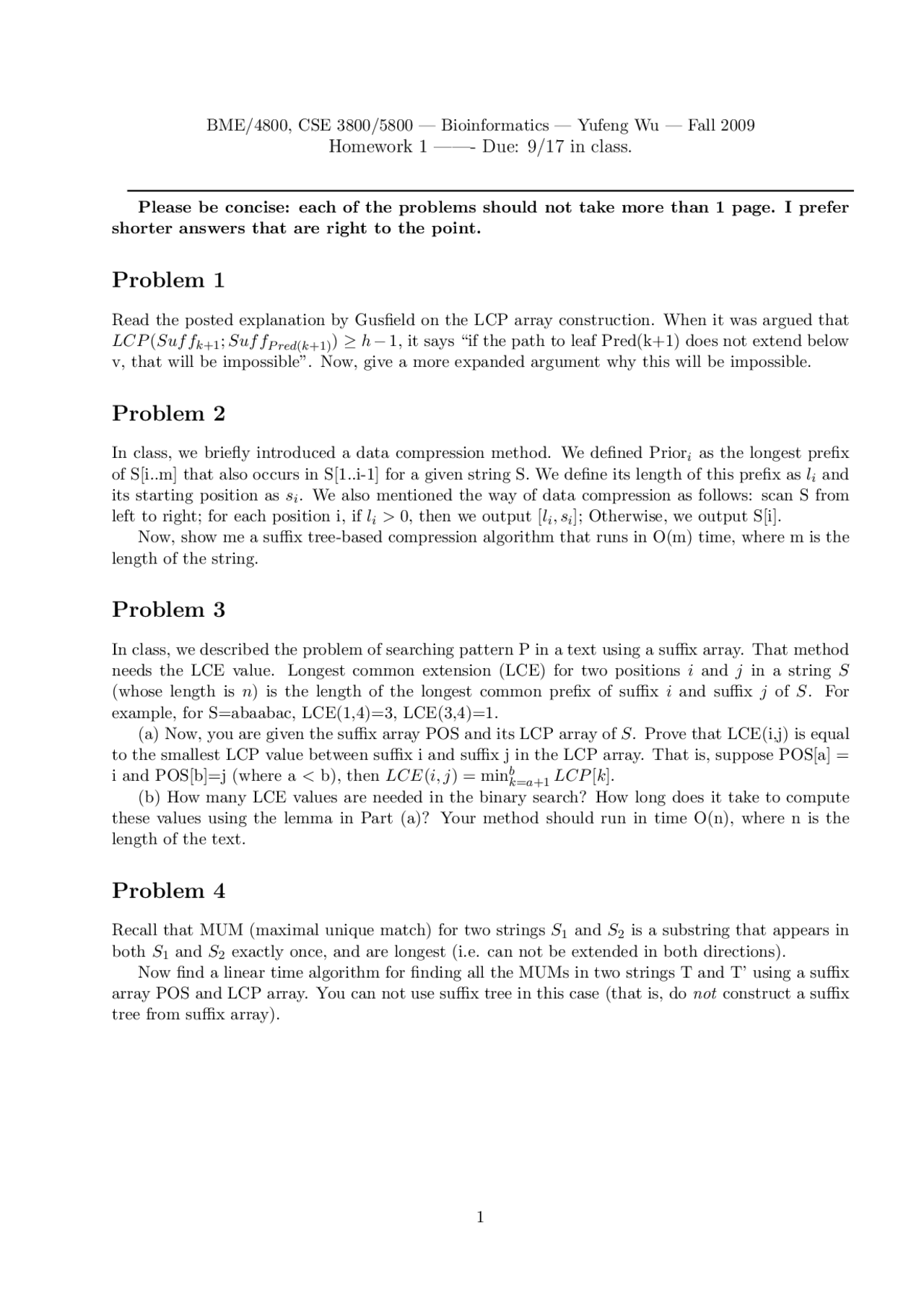 Bioinformatics 4 Problems For Assignment 1 Bme 4800 Docsity