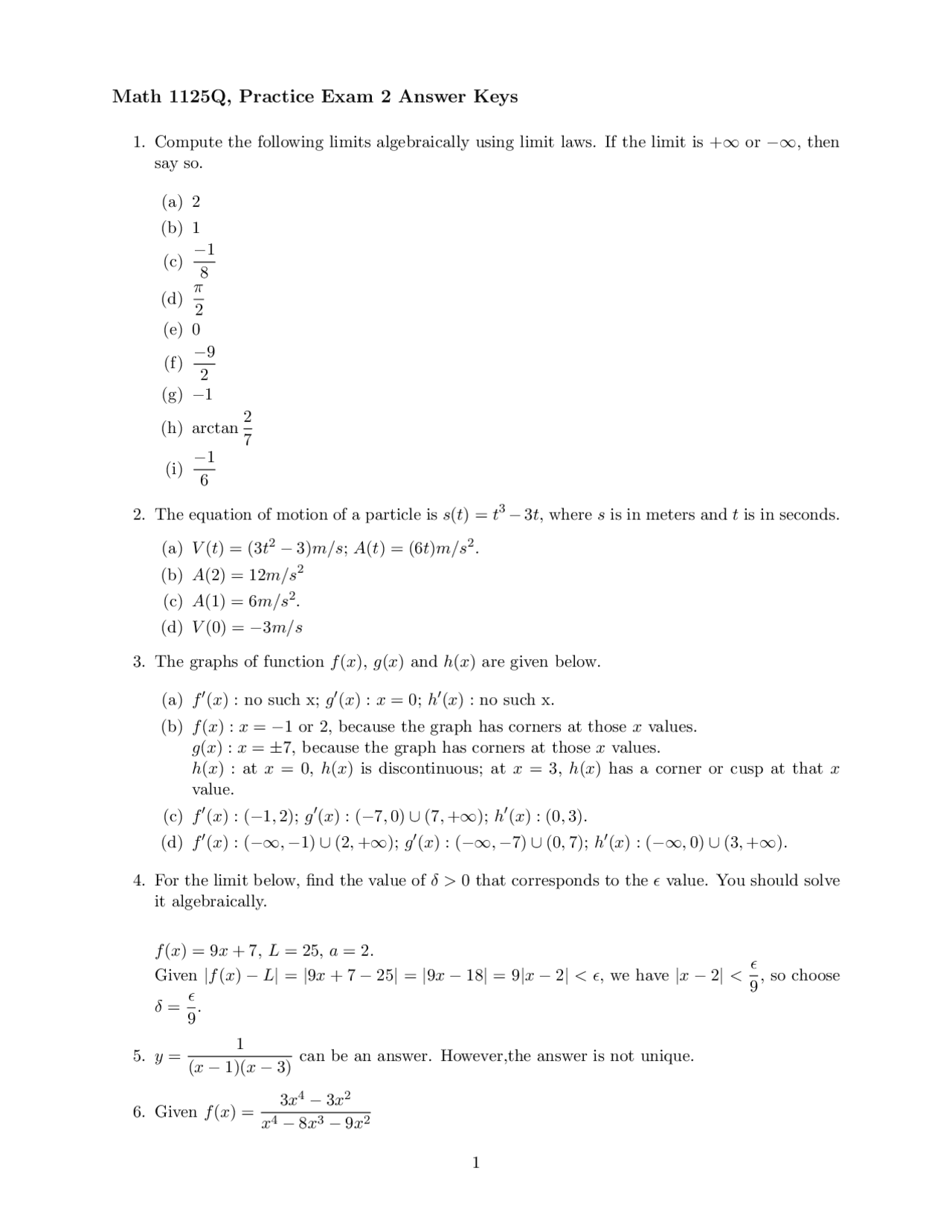 Math 1125Q Practice Exam 2: Answer Keys and Solutions | Exams Mathematics | Docsity