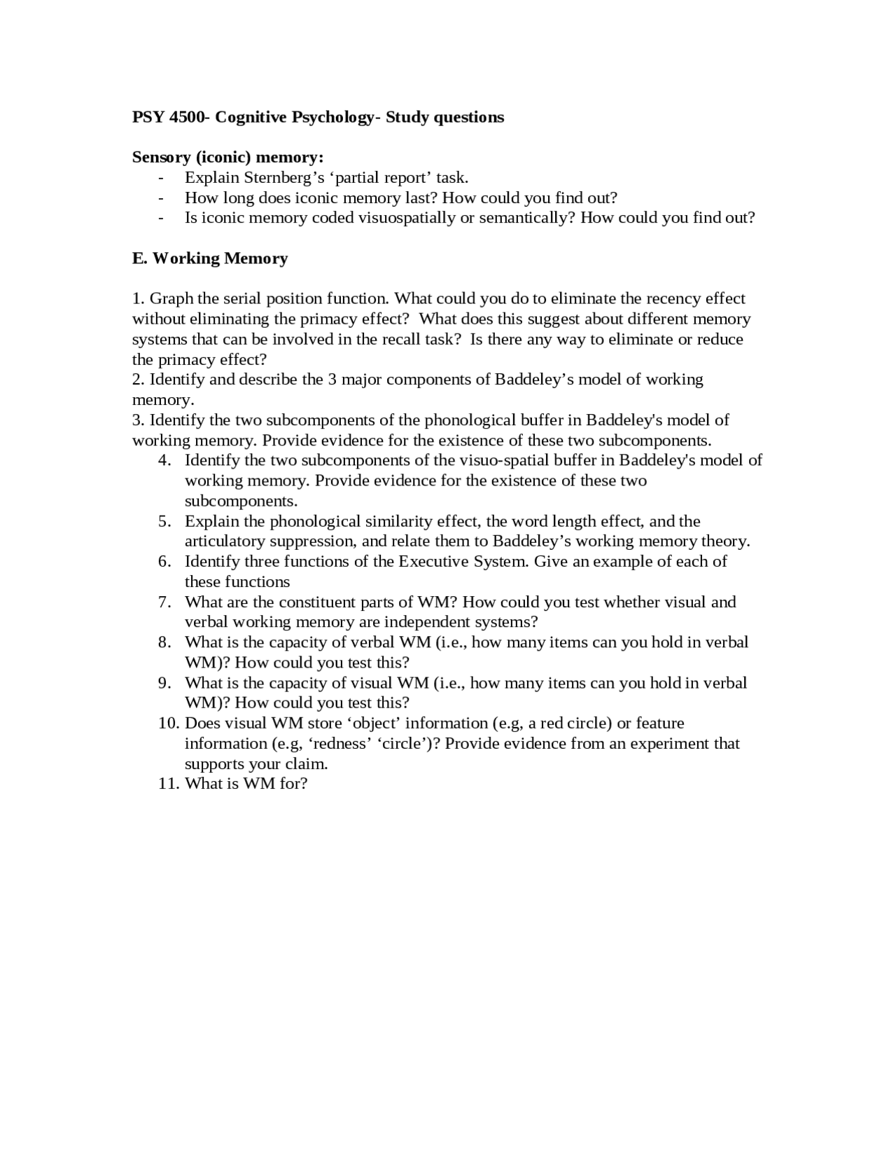 Sensory and Working Memory - Study Questions | PSY 4500 - Docsity