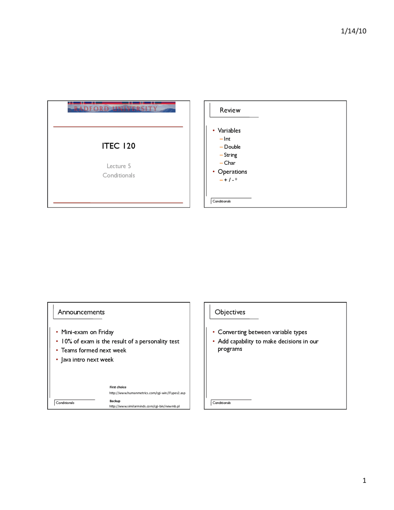 Conditionals Variables Lecture Slides Itec 120 Docsity