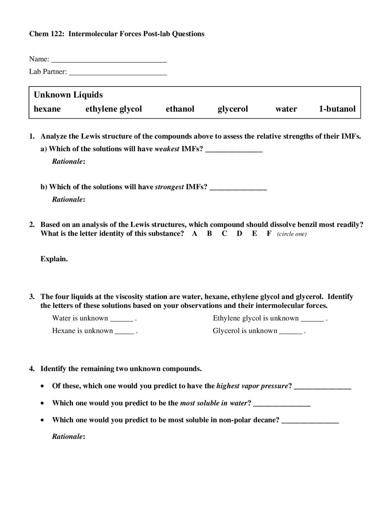 Intermolecular Forces Post Lab Questions - General Chemistry II | CHEM ...