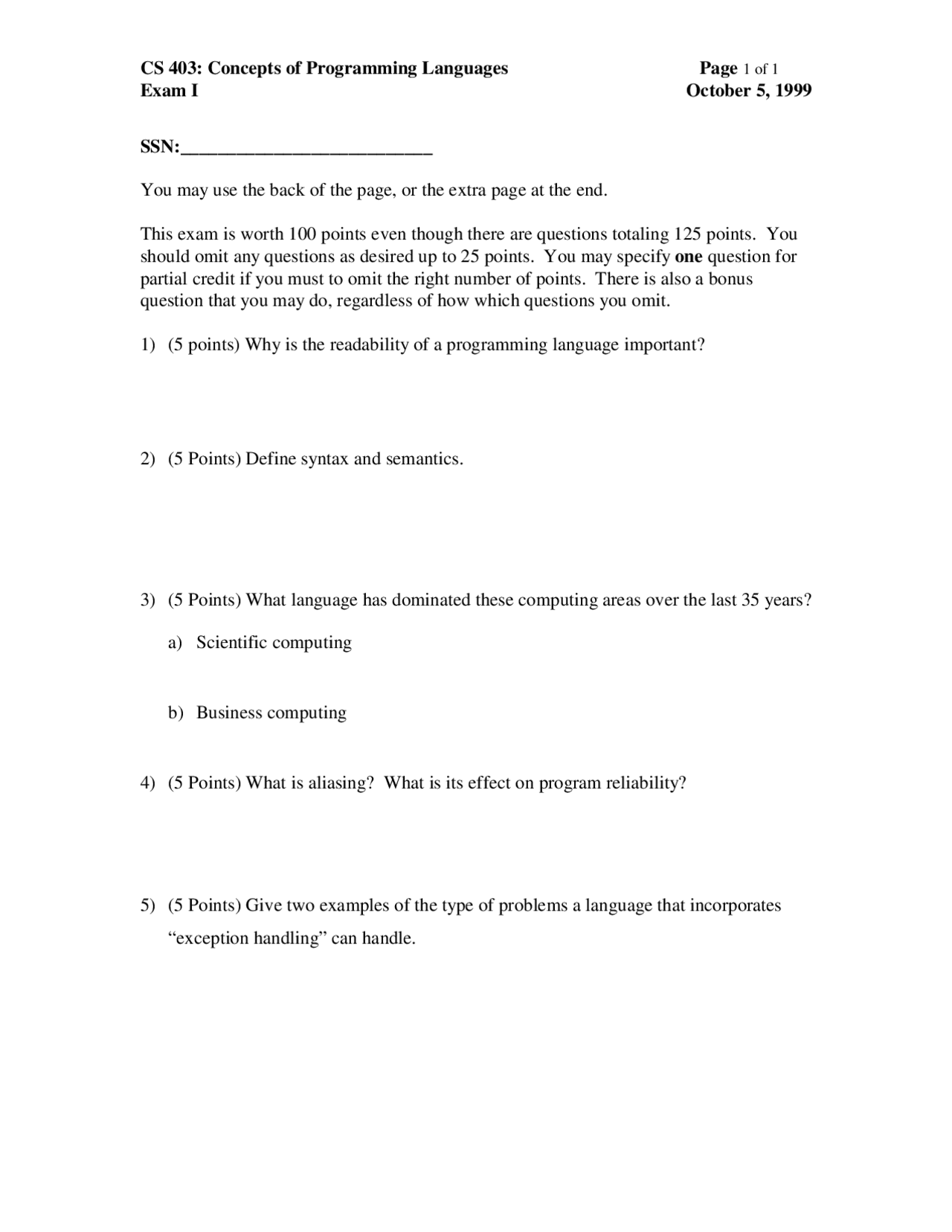 Exam One Questions Programming Languages Cs 403 Docsity
