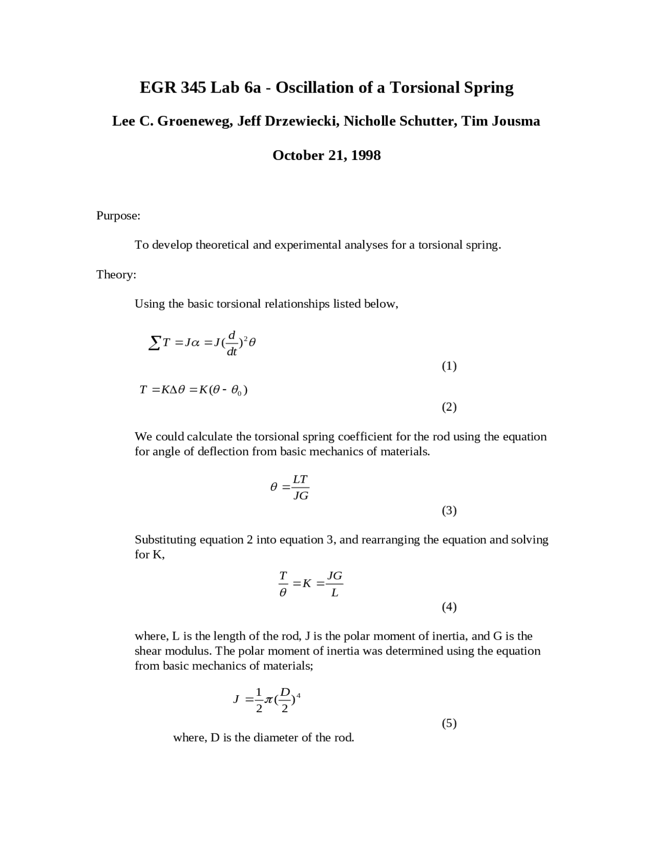 Lab 6a Oscillation Of A Torsional Spring Egr 345 Docsity