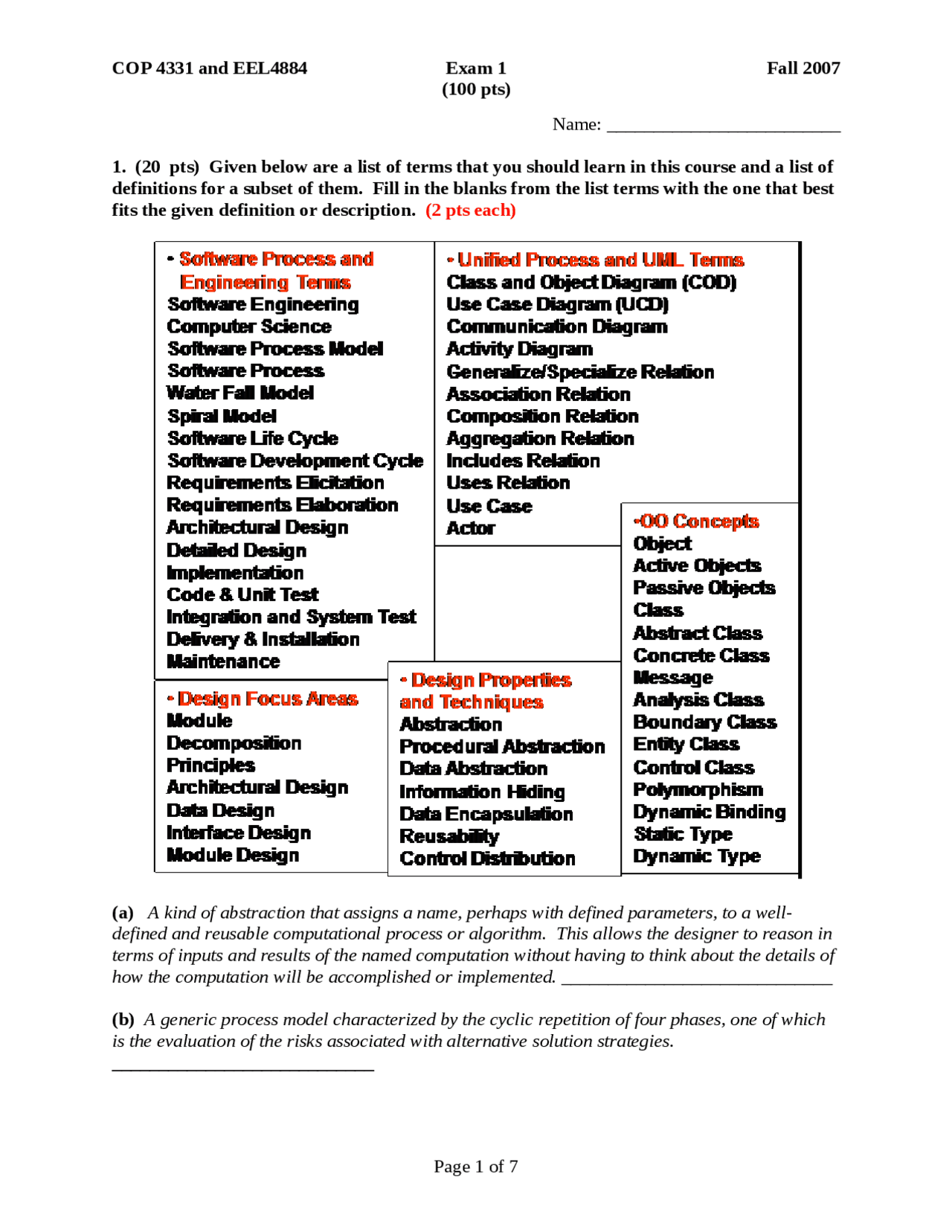Exam 1 Questions Processes For Object Oriented Software Development