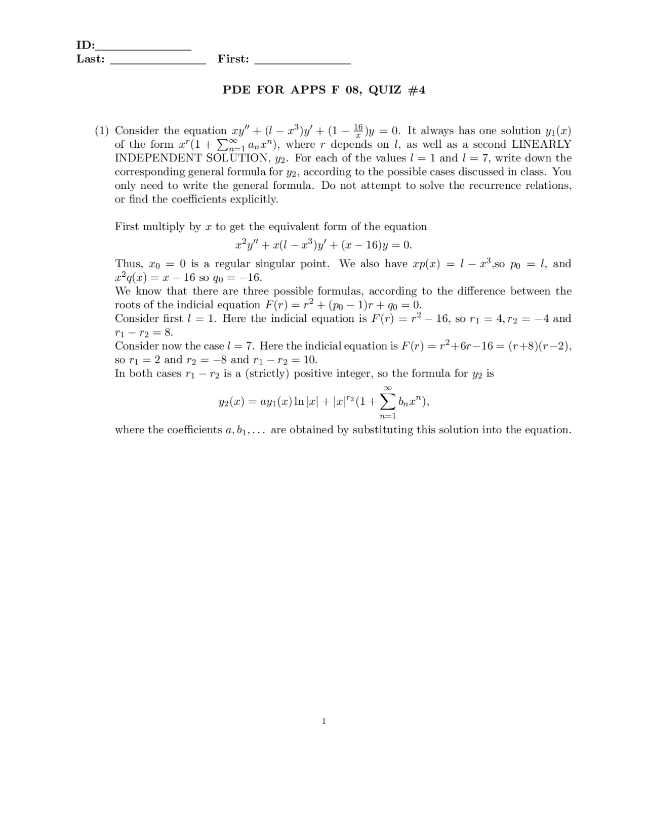 Quiz 4 Questions Differential Equations For Applications Math 3410
