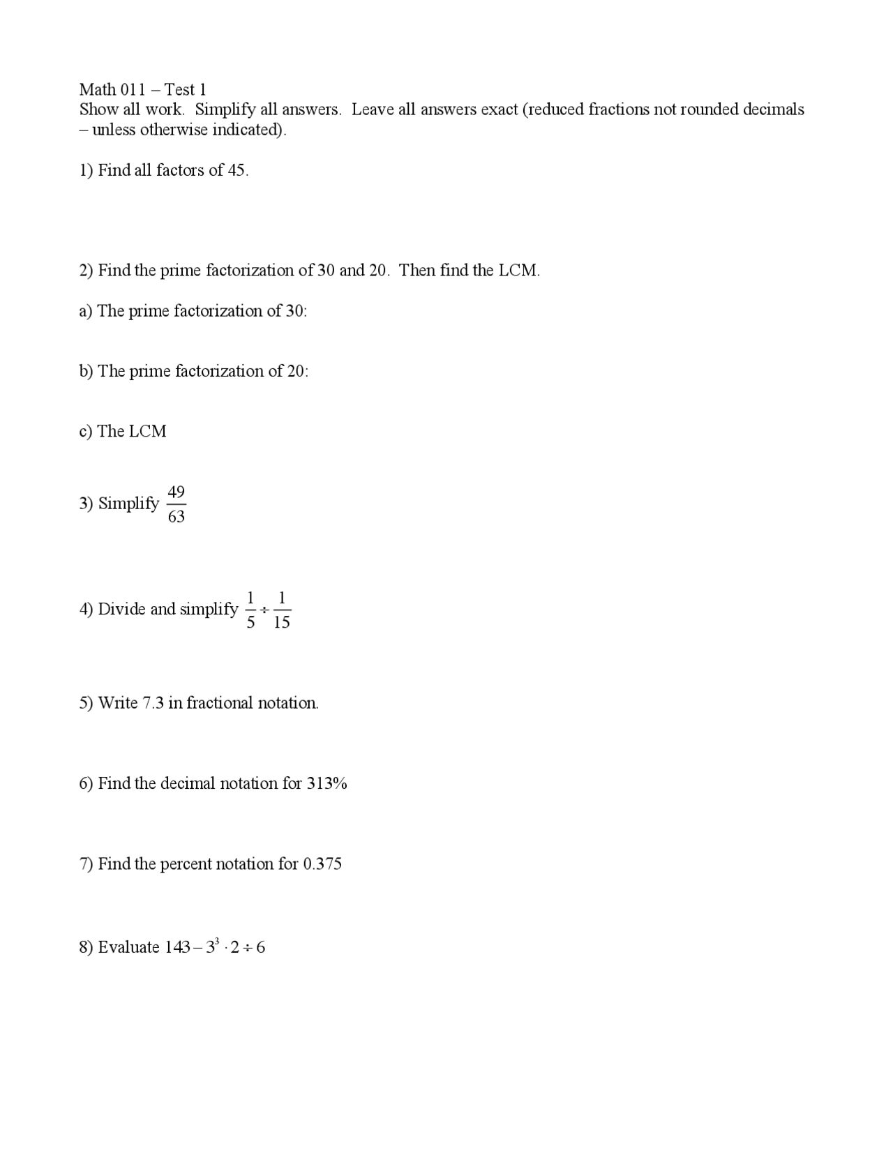 Practice Test 1 - Beginning Algebra | MATH 011 - Docsity