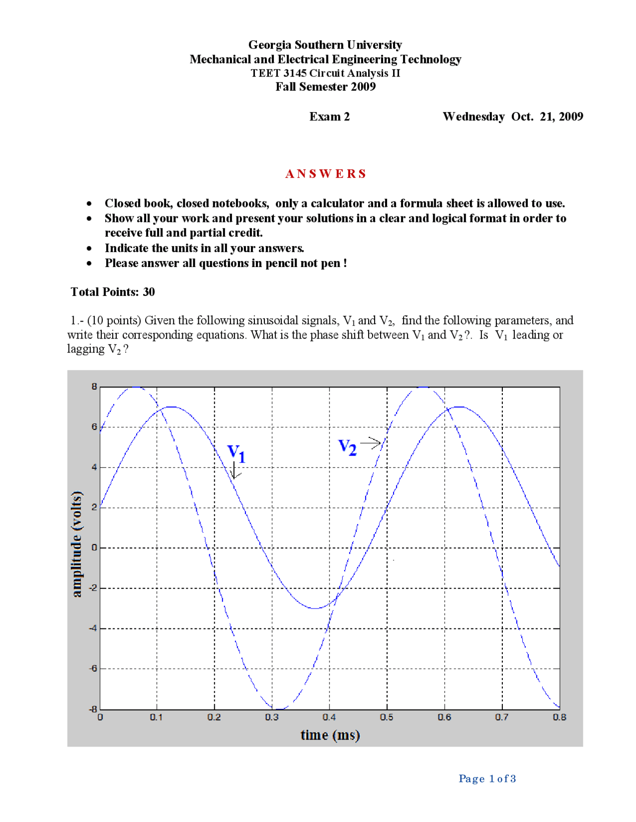 Exam 2 Answers For Circuit Analysis Ii Teet 3145 Docsity