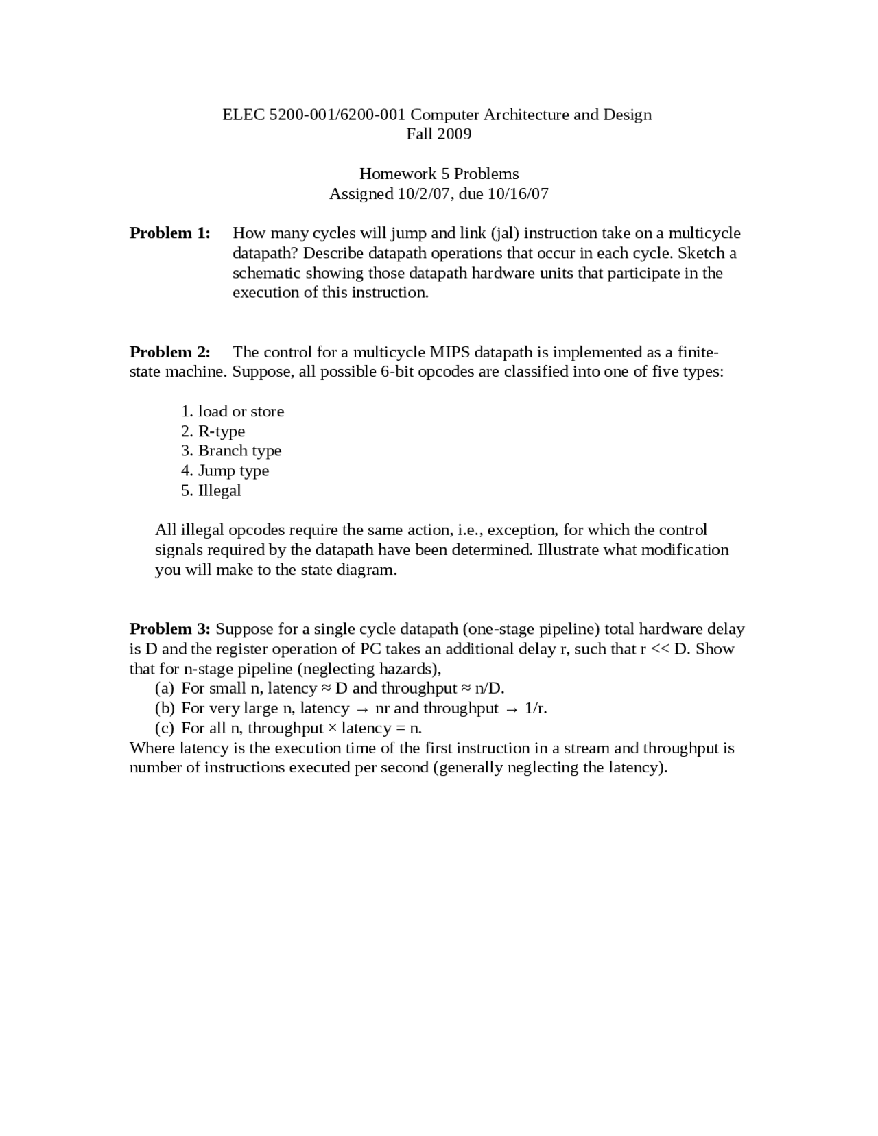 Computer Architecture And Design Assignment 5 Problems Elec 5200