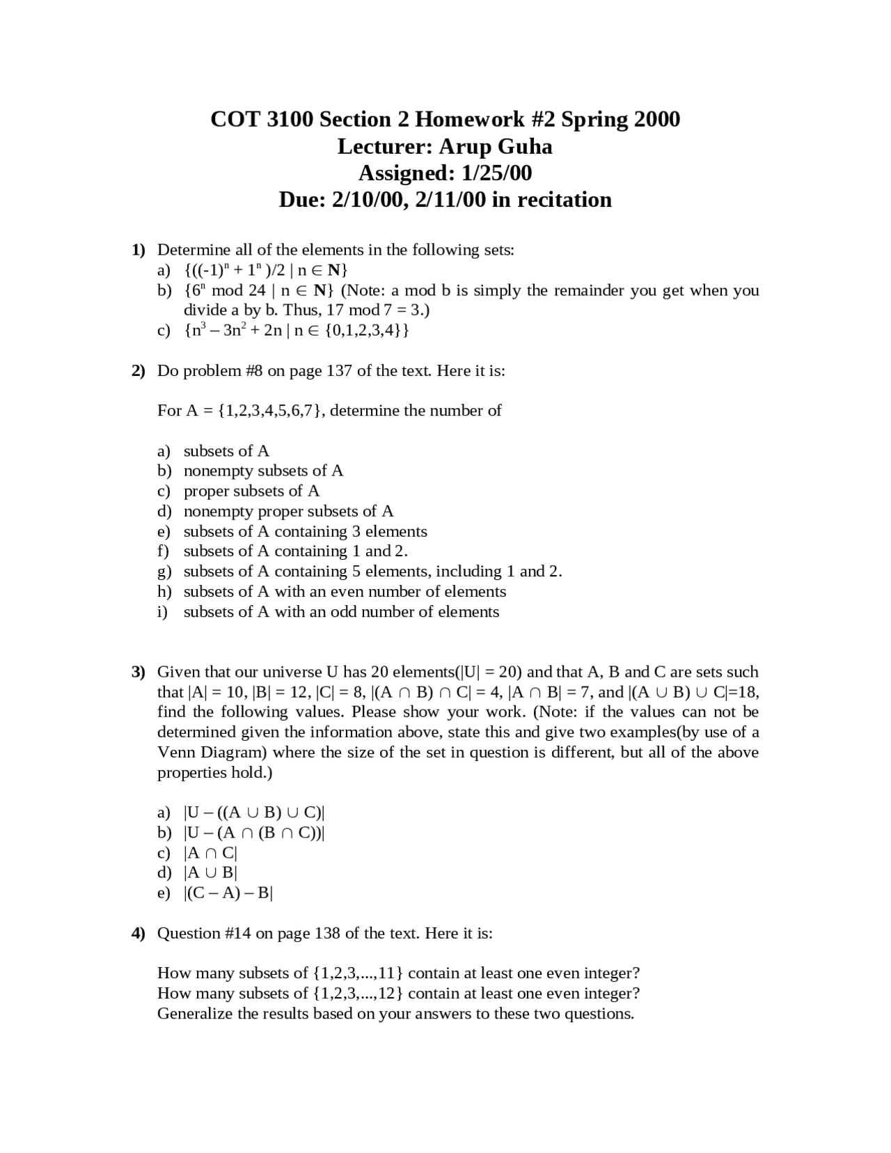 8 Problems On Discrete Structures Homework 2 Cot 3100 Docsity
