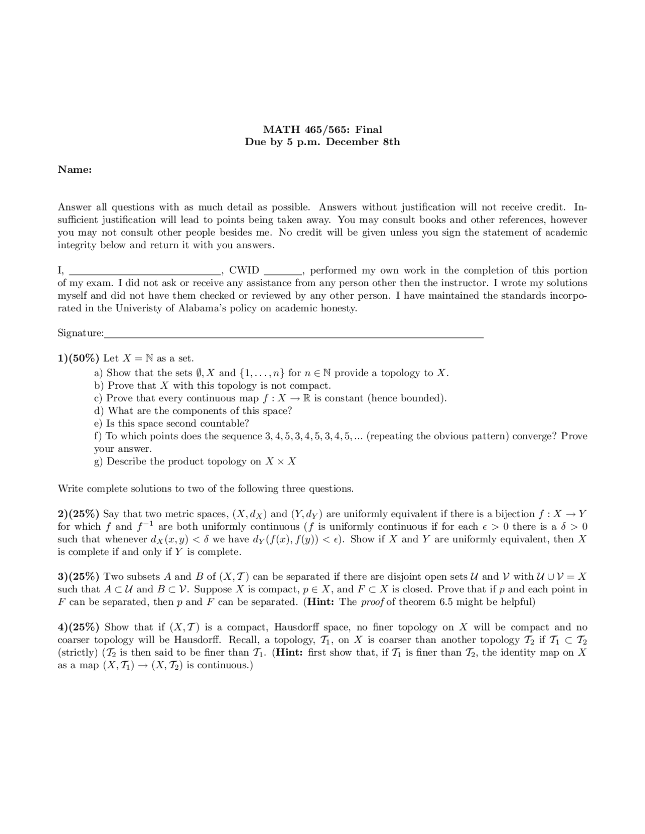 Final Exam For Introduction General Topology Math 465 Docsity