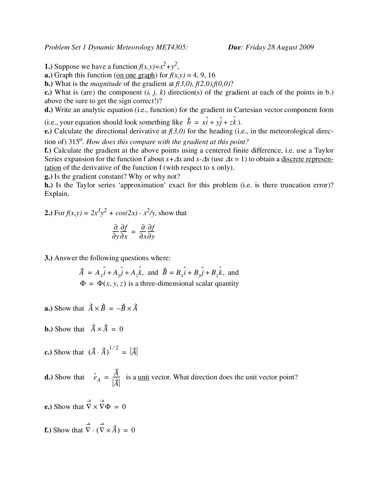 Problem Set One Dynamic Meteorology Met 4305 Docsity
