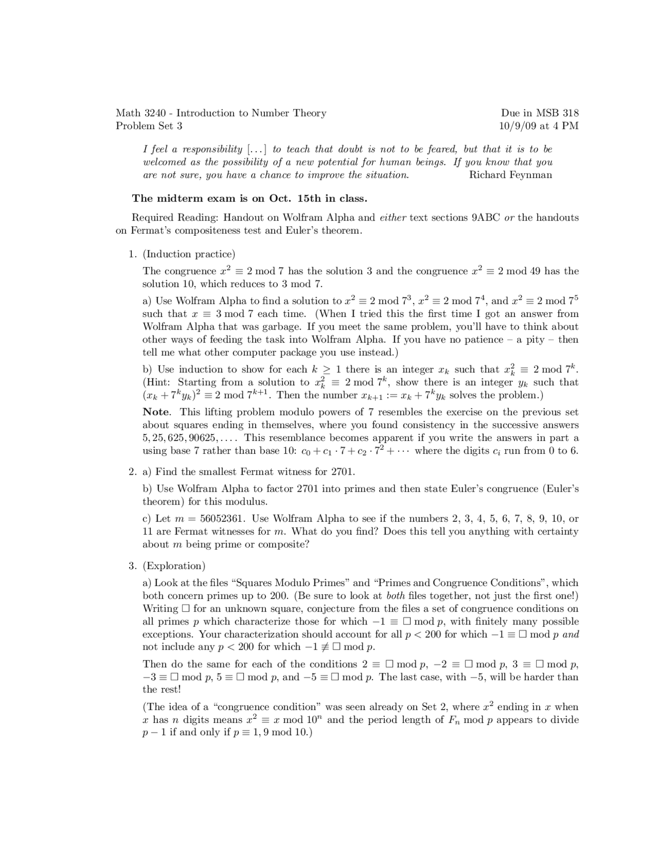 Problem Set 3 Introduction To Number Theory Fall 2009 Math 3240