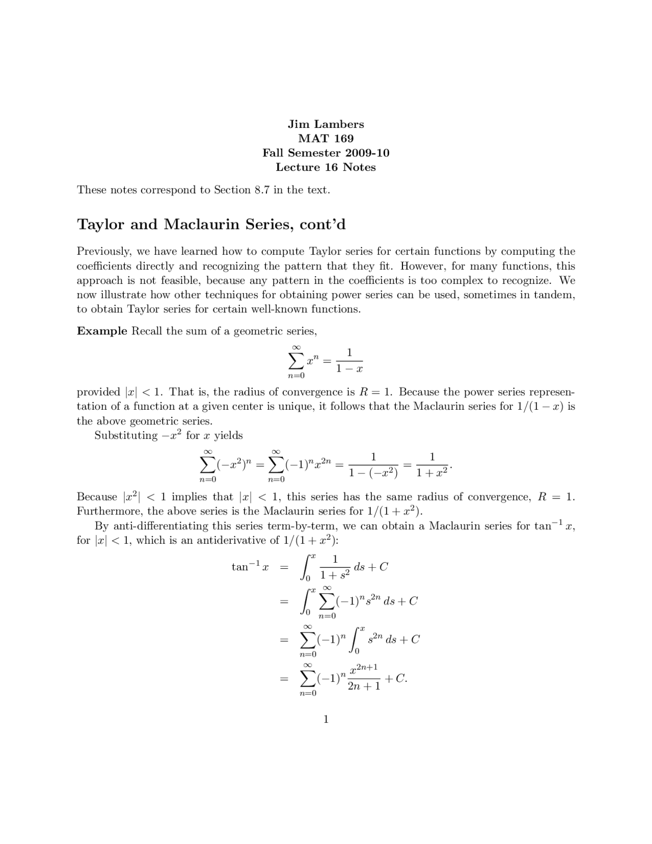 Taylor and Maclaurin Series - Lecture Notes | MAT 169 - Docsity