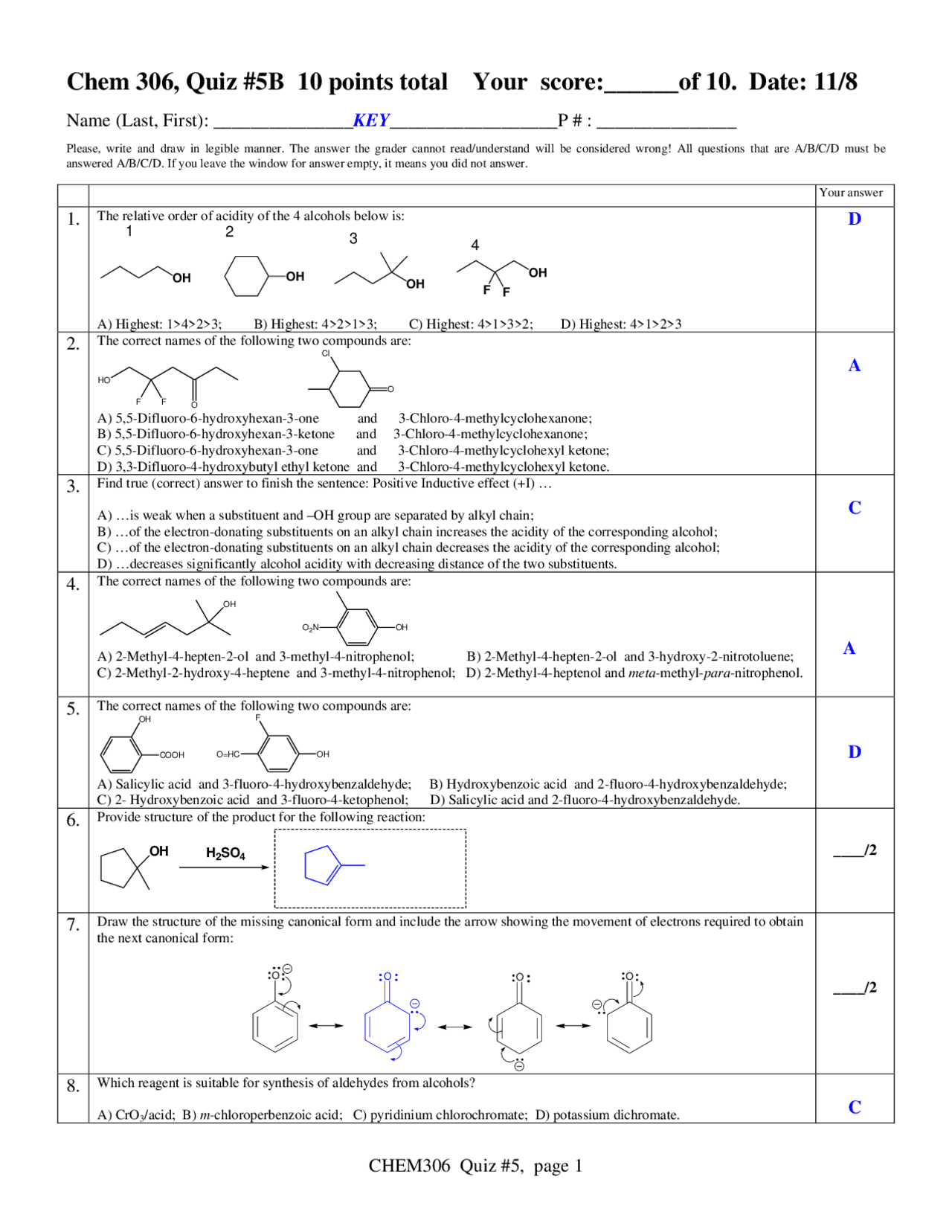 Quiz 5 Solved 8 Multiple Choice - Organic Chemistry | CHEM 306 - Docsity