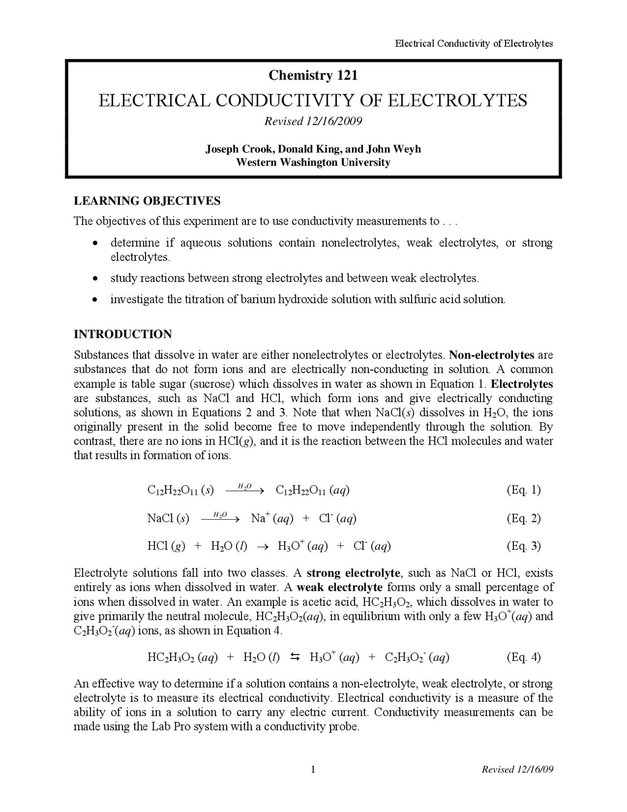 Electrical Conductivity of Electrolytes - Lecture Notes | CHEM 121 ...