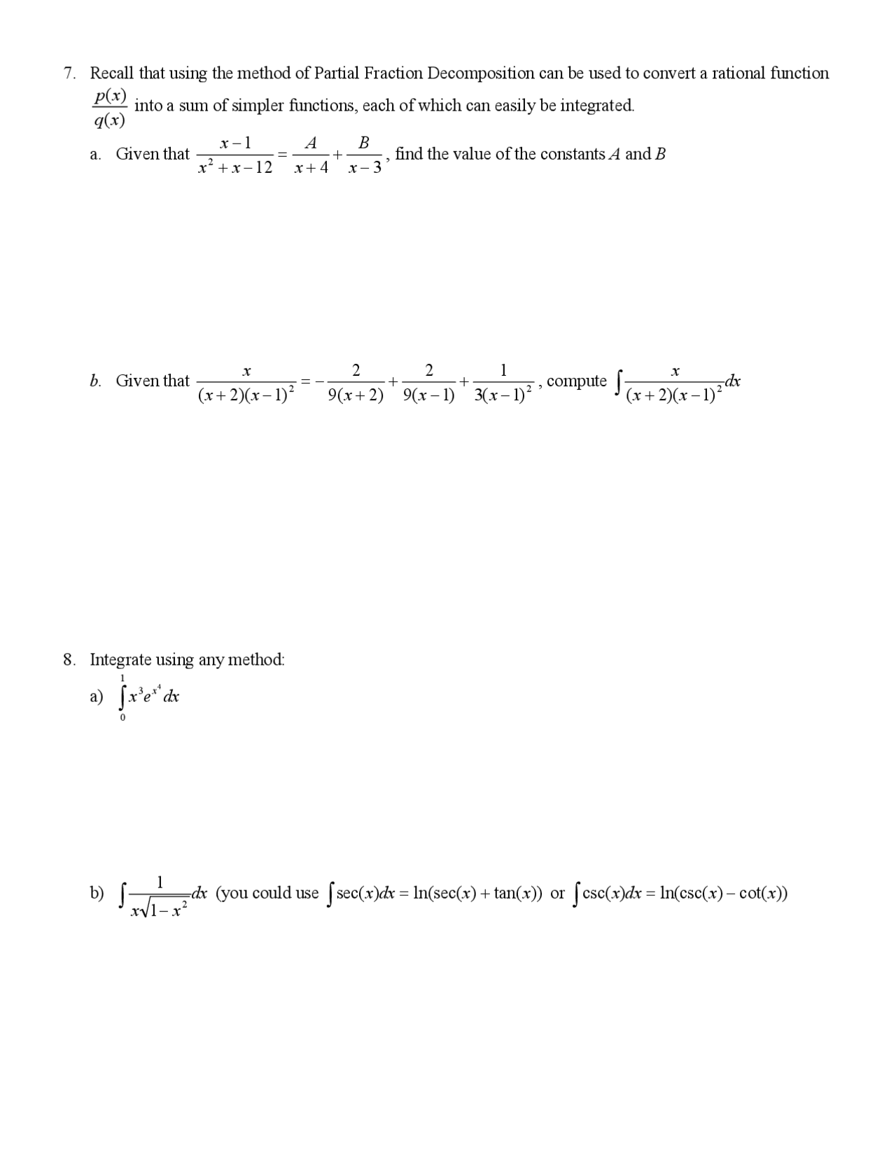 Sample Questions For Exam 1 Calculus Ii Math 1411 Docsity