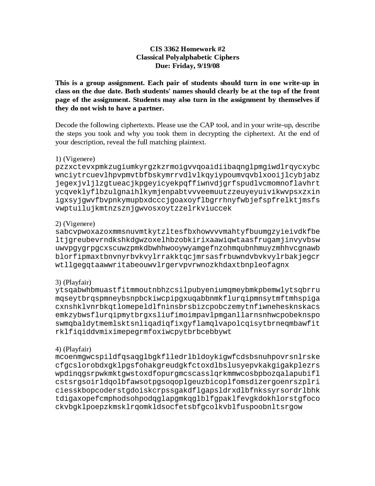 Classical Polyalphabetic Ciphers Homework 2 Cis 3362 Docsity