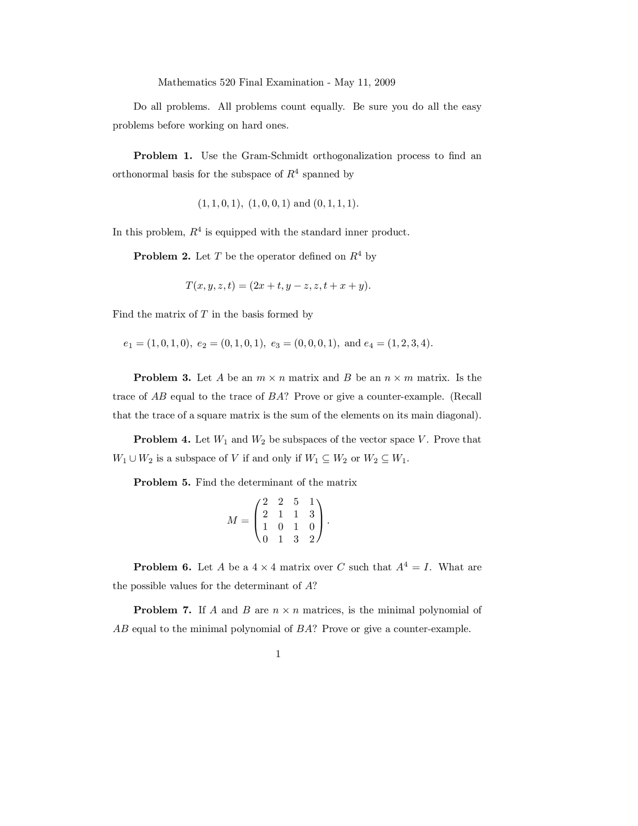 Linear Algebra Final Exam 2009 Math 0520 Exams Linear Algebra